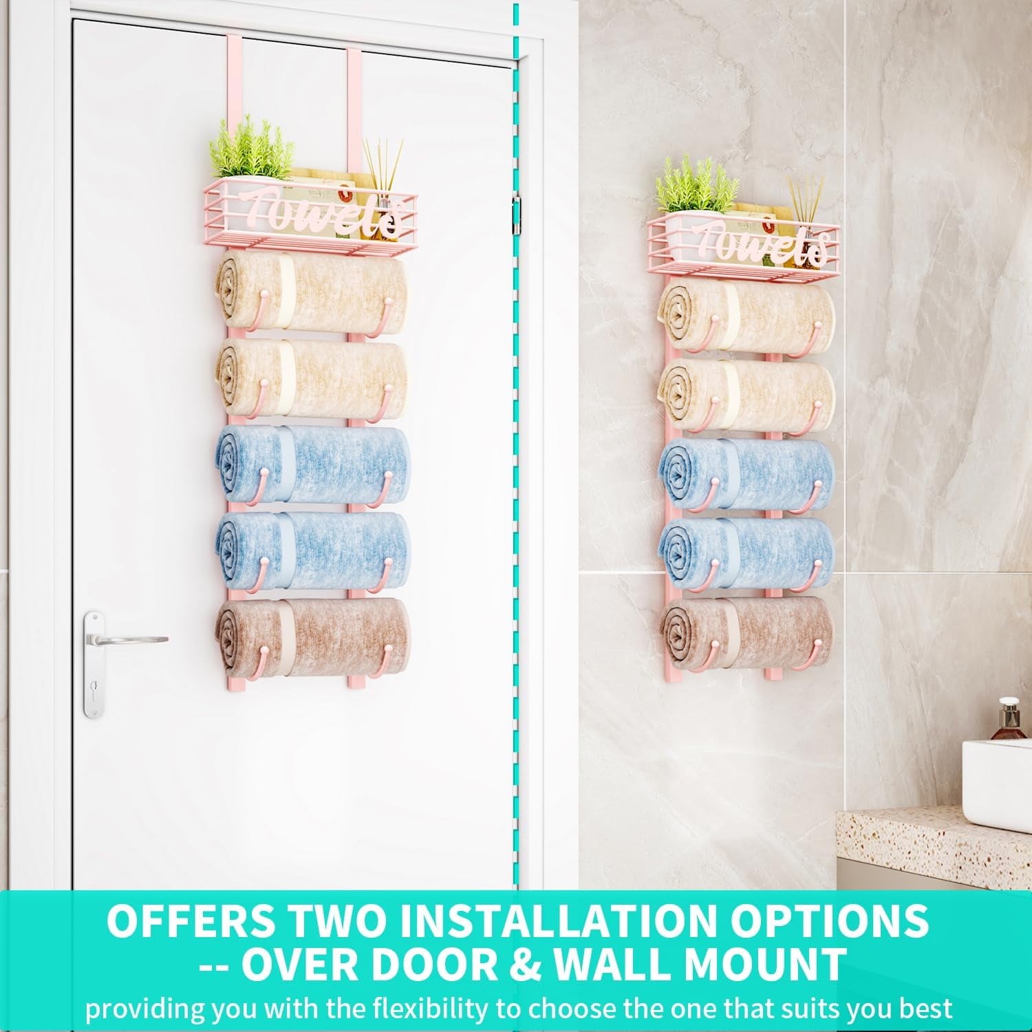 Bathroom Towel Rack Holder - 6-Tier Over The Door & Wall Mount Rolled ...