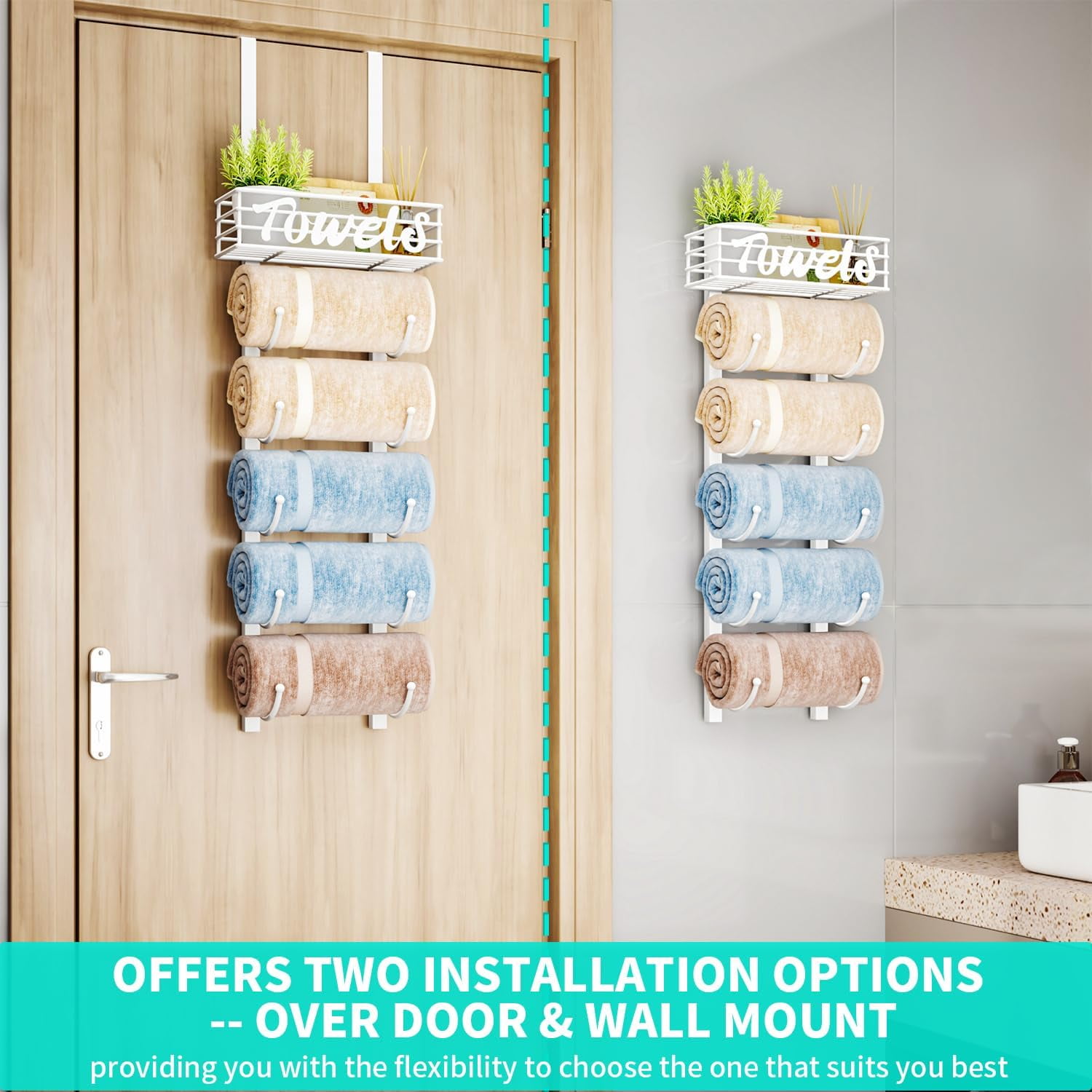Bathroom Towel Rack Holder - 6-Tier Over The Door & Wall Mount Rolled ...