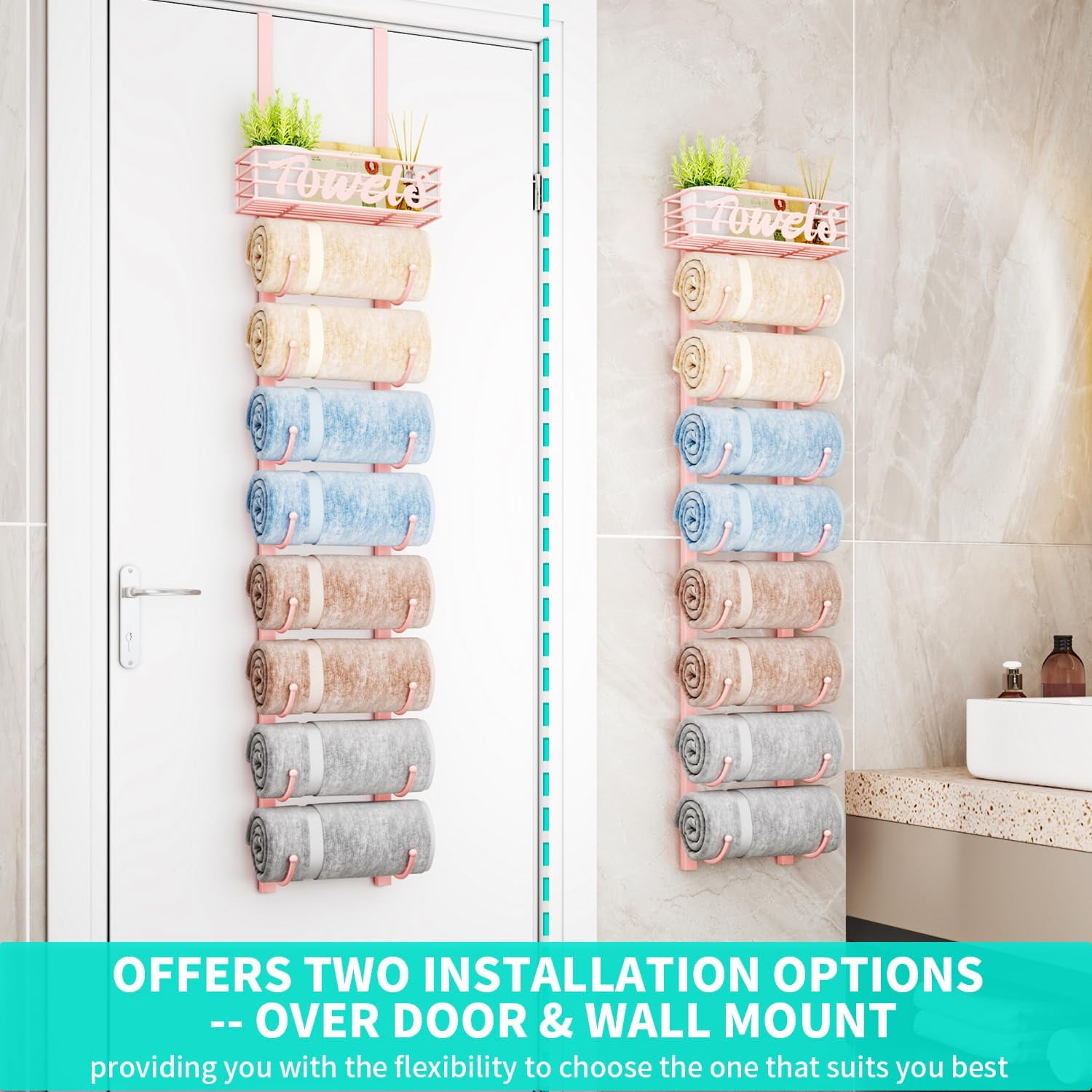 Bathroom Towel Rack Holder - 9-Tier Over The Door & Wall Mount Rolled ...