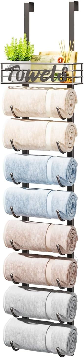 Bathroom Towel Rack Holder - 9-Tier Over The Door & Wall Mount Rolled ...