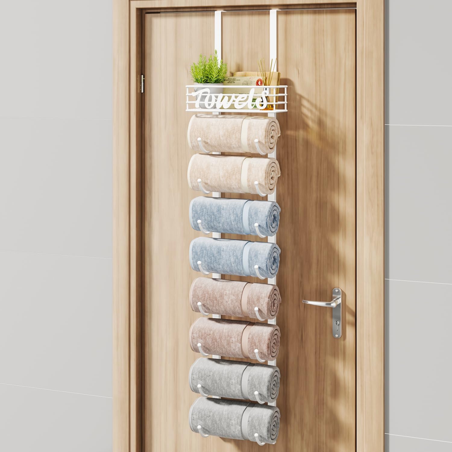 Bathroom Towel Rack Holder - 9-Tier Over The Door & Wall Mount Rolled ...