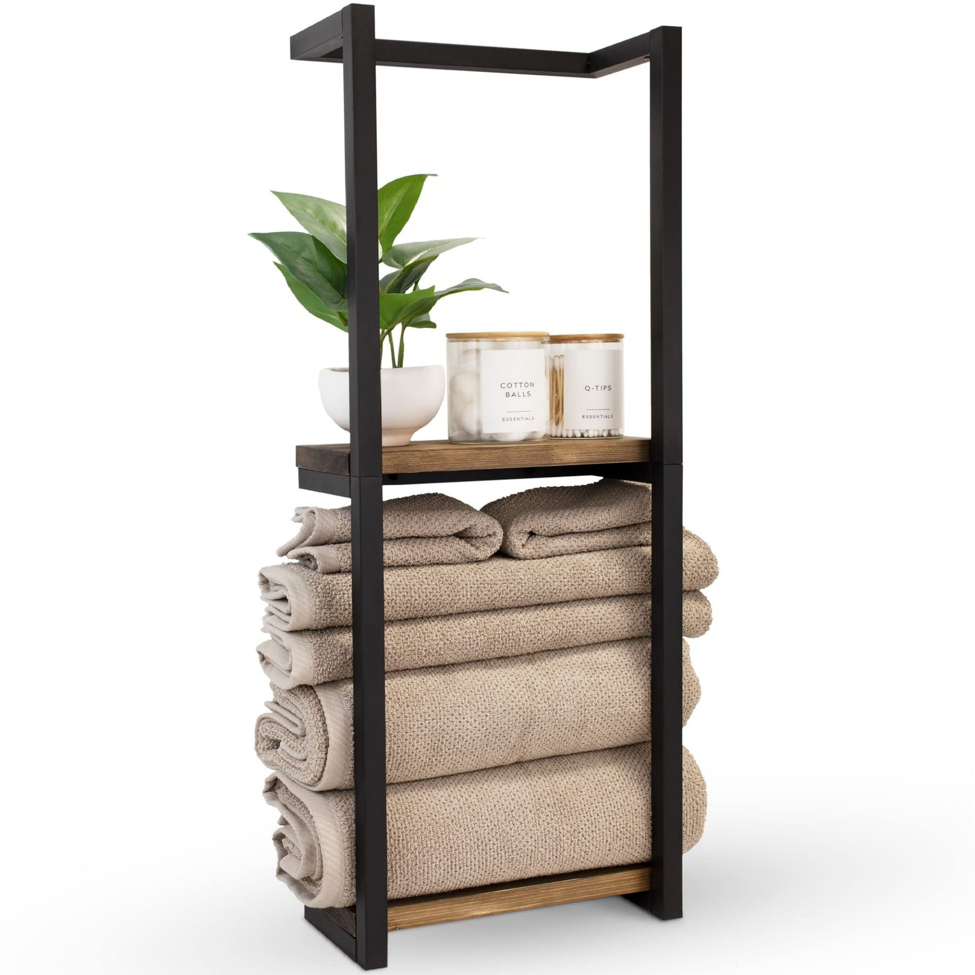 Bathroom Towel Rack Wall Mount, Wooden Shelf Storage, Holds 8 Large ...