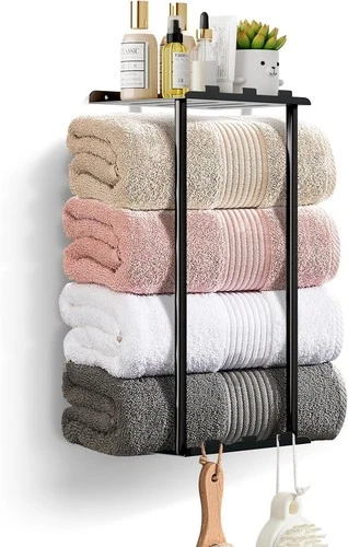 Bathroom Towel Rack With Shelf & 6 Hooks, Wall Mounted Vertical Towel ...