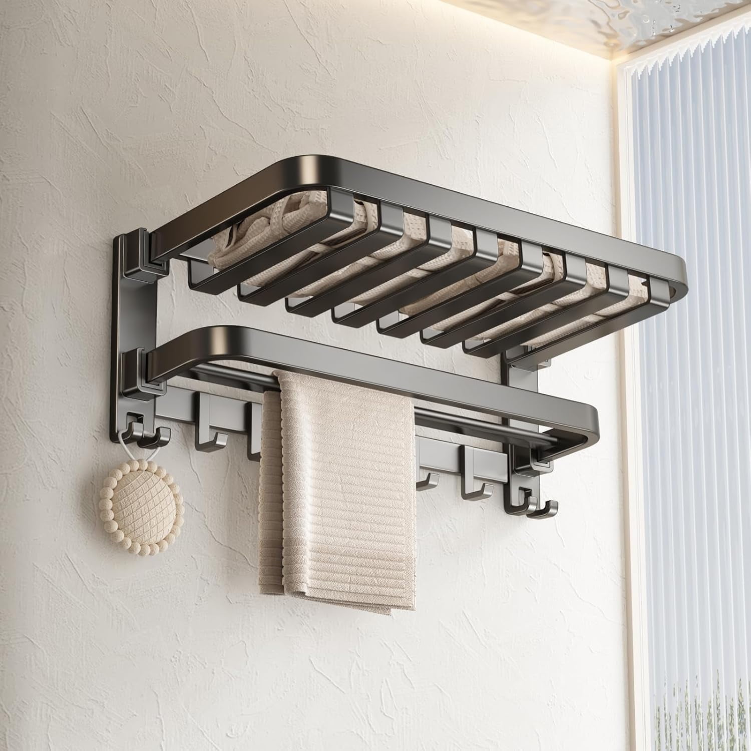 Bathroom Towel Rack with Double Towel Bar Foldable Towel Shelf Wall ...