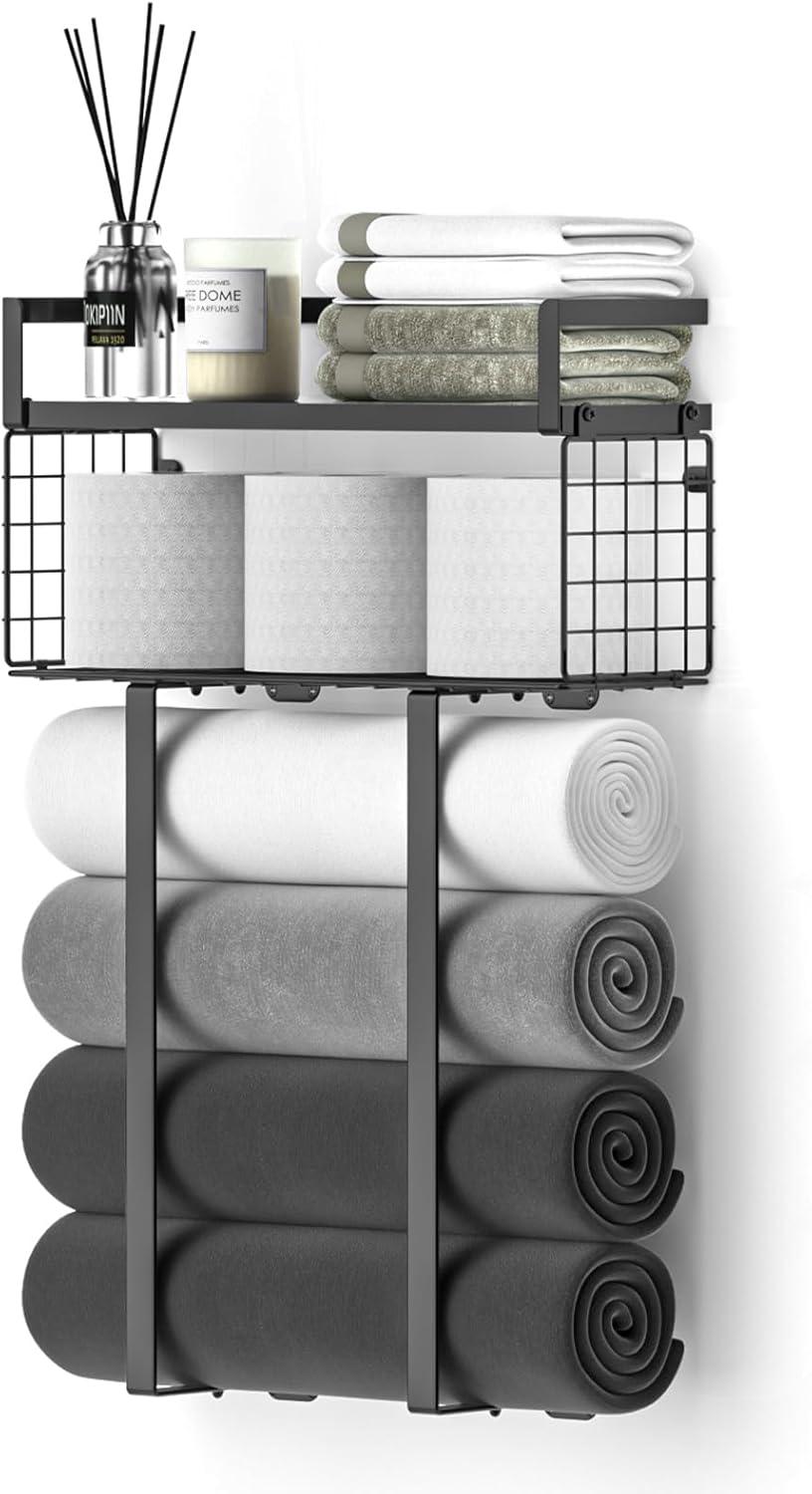 Bathroom Towel Racks, Metal Holder with Storage Basket, Wall Rack for ...