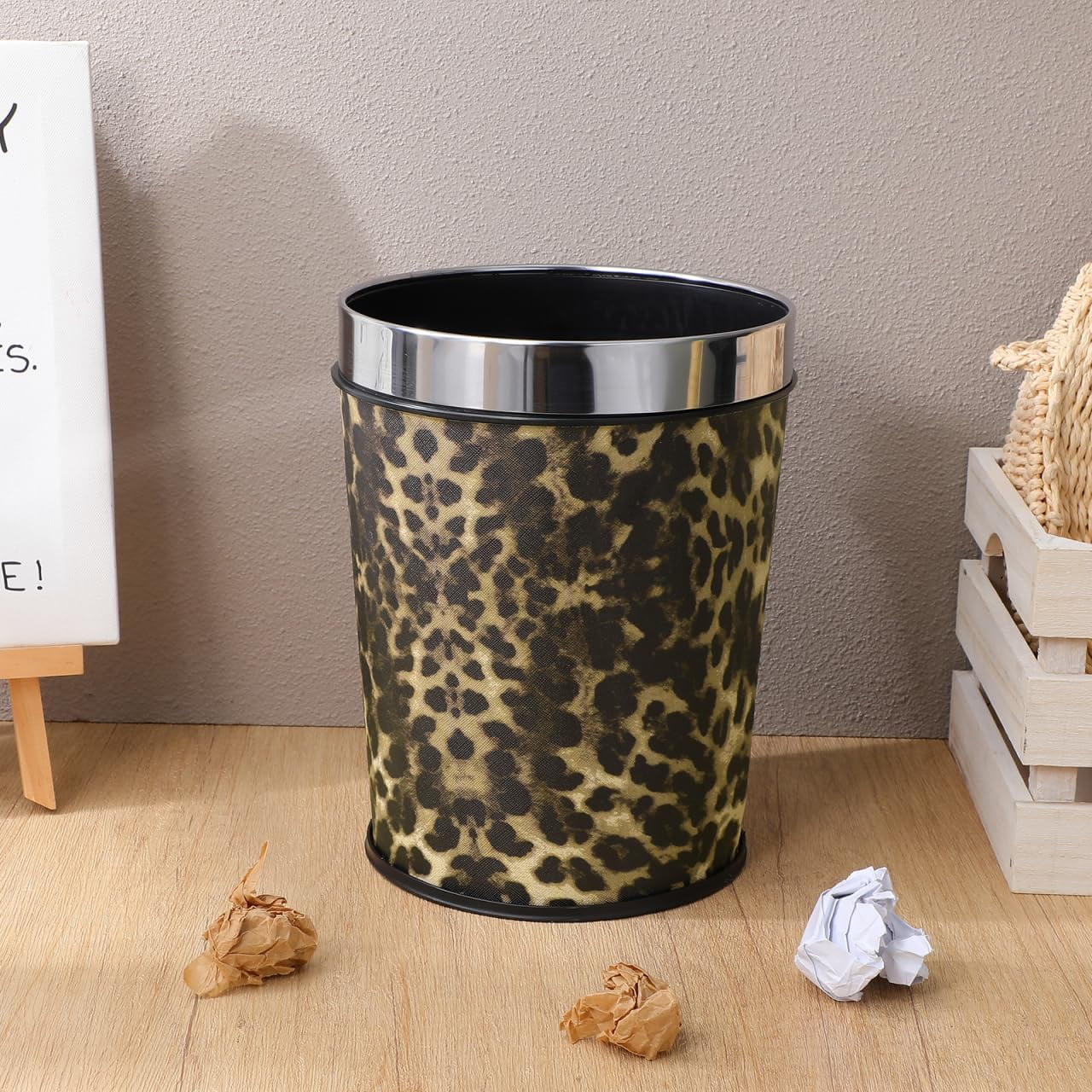 Bathroom Trash Can Recycling Bin Leopard Print Round Waste Basket ...