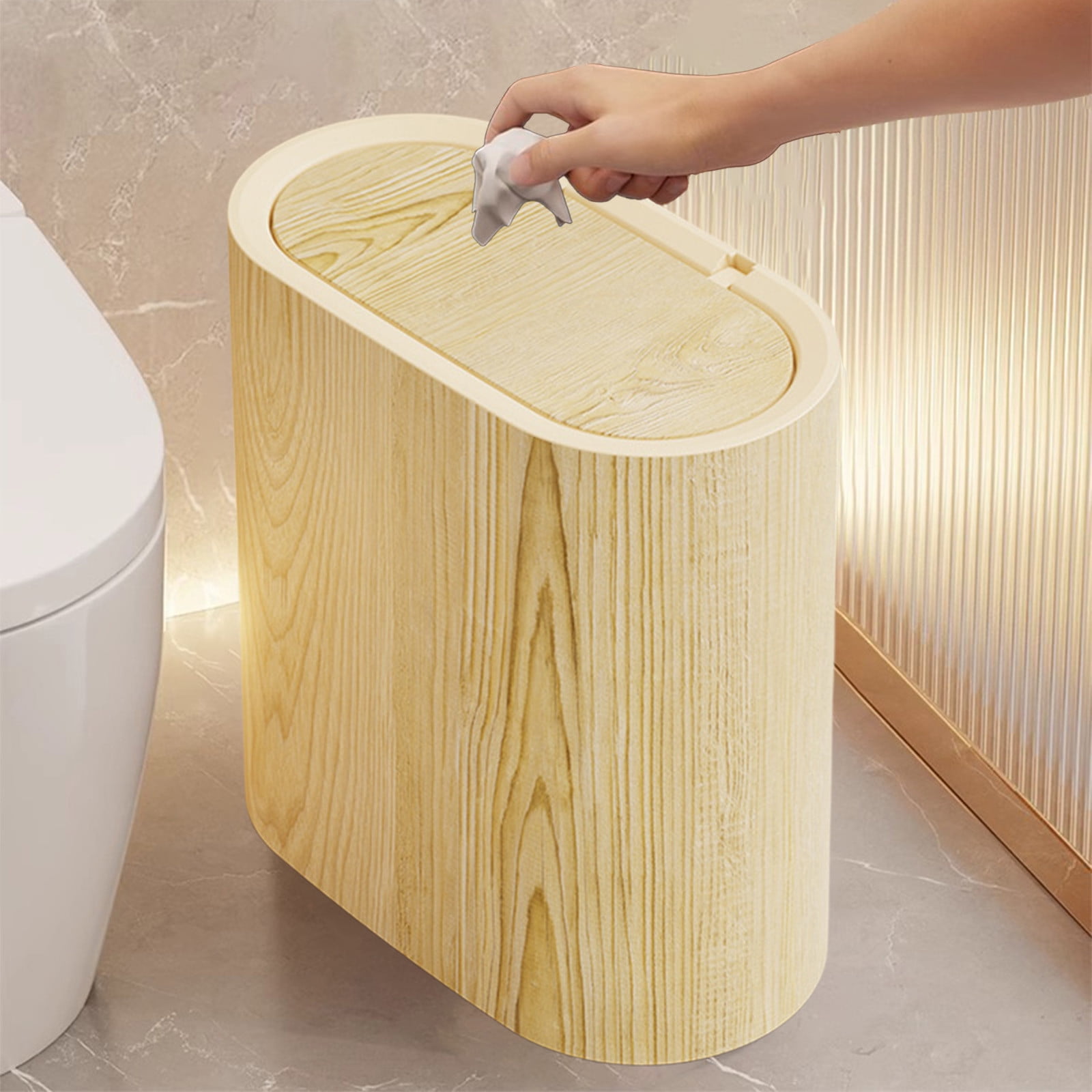 Bathroom Trashcans with Lids, Plastic Marble Wood Pattern Trash Can for ...