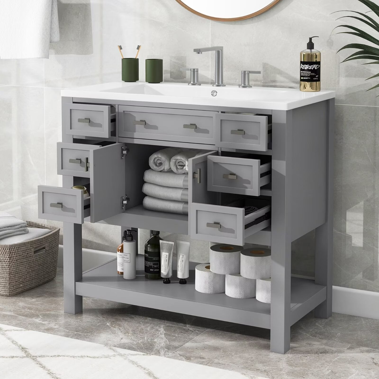 Bathroom Vanity Cabinet with Resin Basin, 36inch Modern Freestanding ...