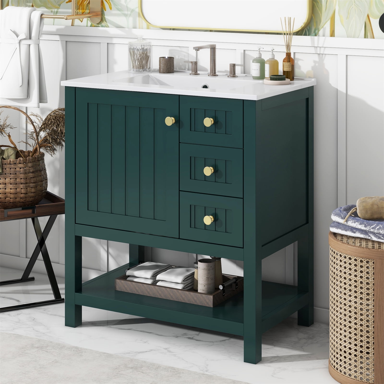 Bathroom Vanity Cabinet, Wood Bathroom Storage Cabinet with Ceramic ...