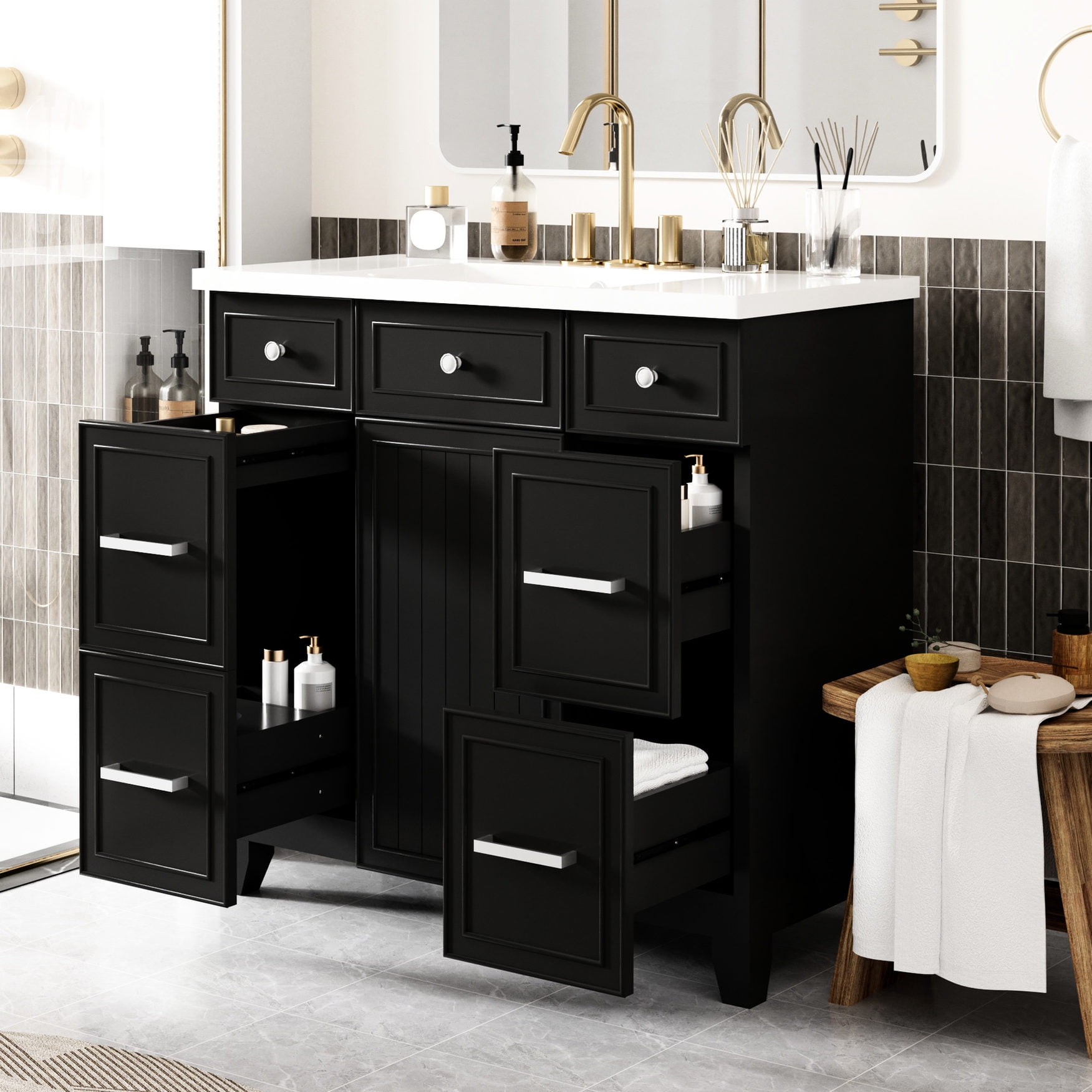 Bathroom Vanity Cabinetry / 36" Black, Double - layer Drawers and ...