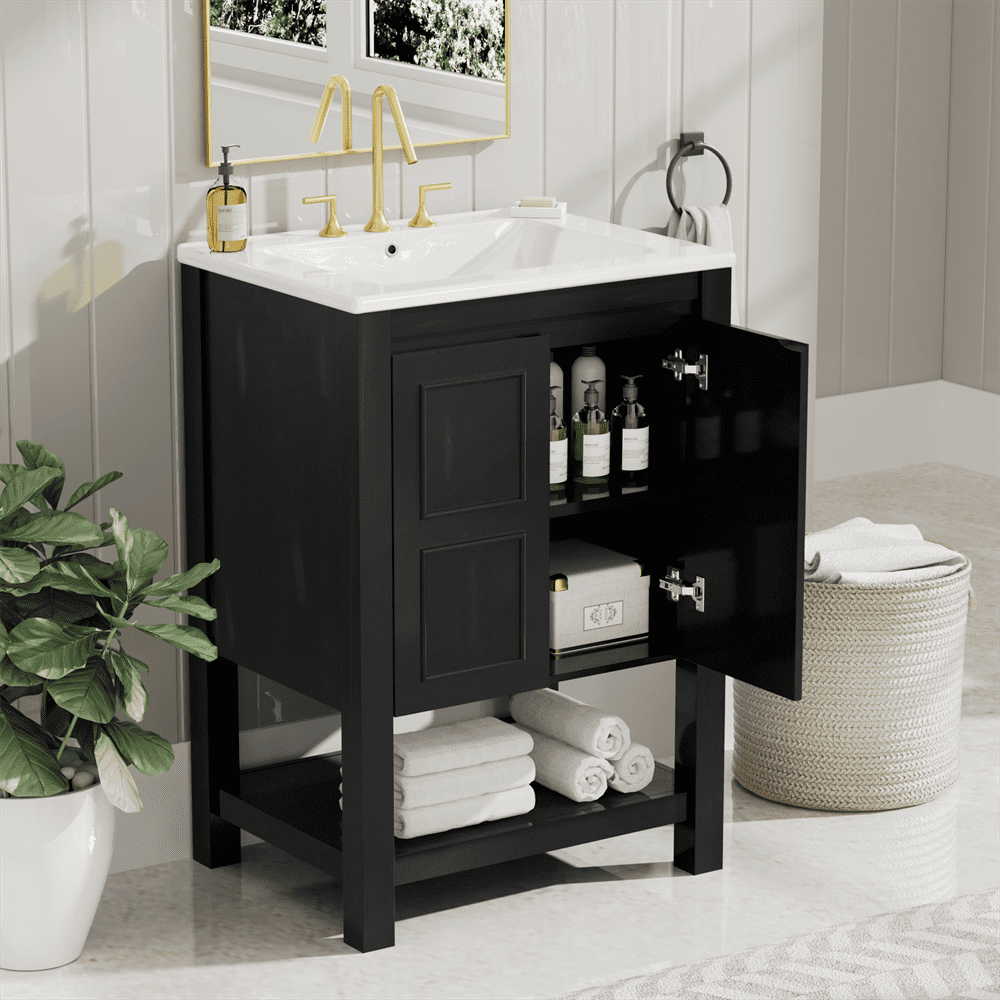Bathroom Vanity with Ceramic Sink, Modern Sink Vanity with 2 Doors and ...