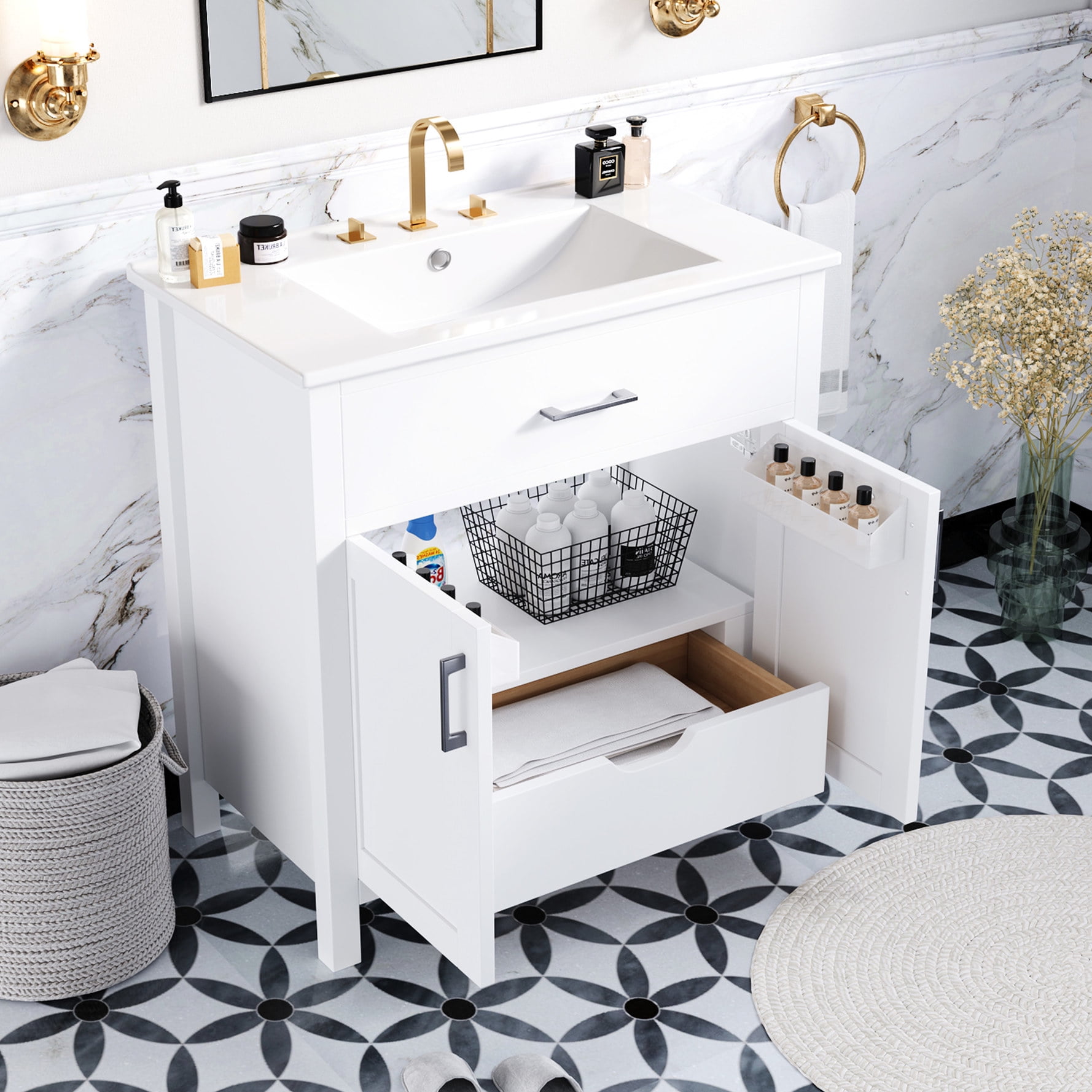 Bathroom Vanity / Compact Design, Solid Wood Feet, MDF Cabinet / Solves ...