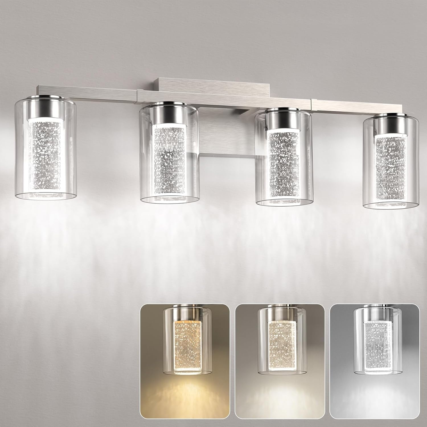 Bathroom Vanity Lights, 4-Light Brushed Nickel Fixtures with 3CCT ...