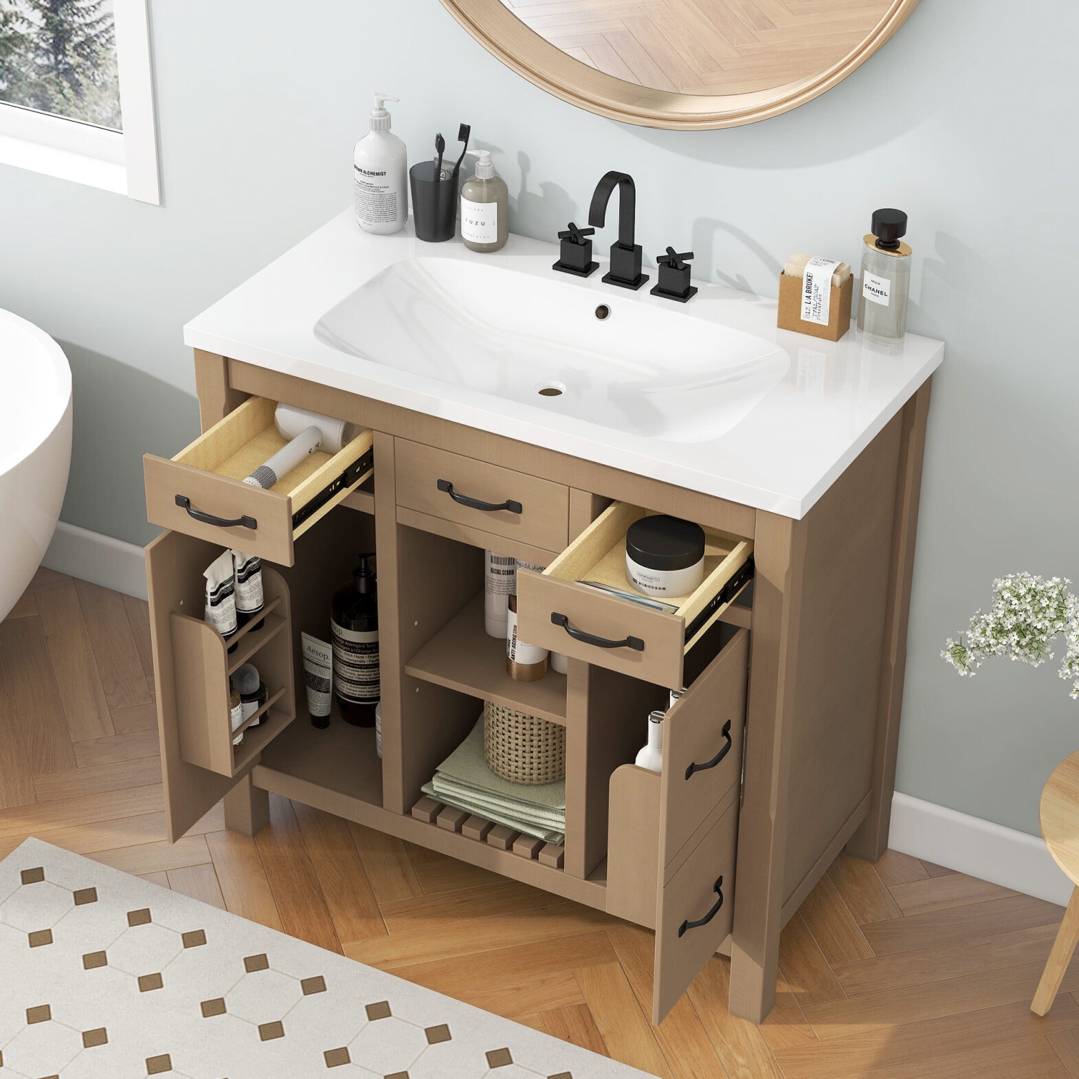 36 inch Bathroom Vanity with Sink, Freestanding Wood Cabinet, Soft ...