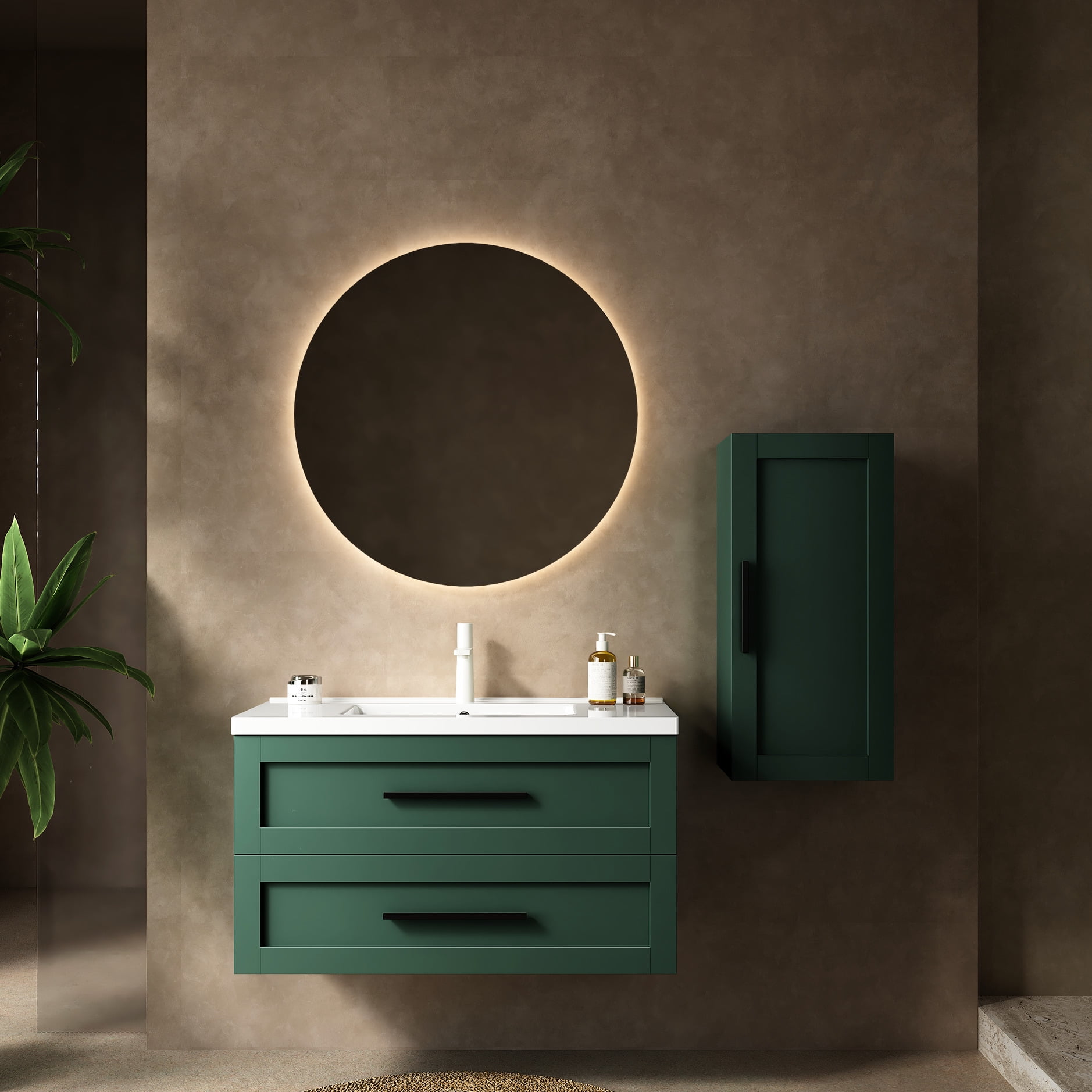 Bathroom Vanity Sink Unit, 36" Modern Floating, White Ceramic Basin, 2 ...