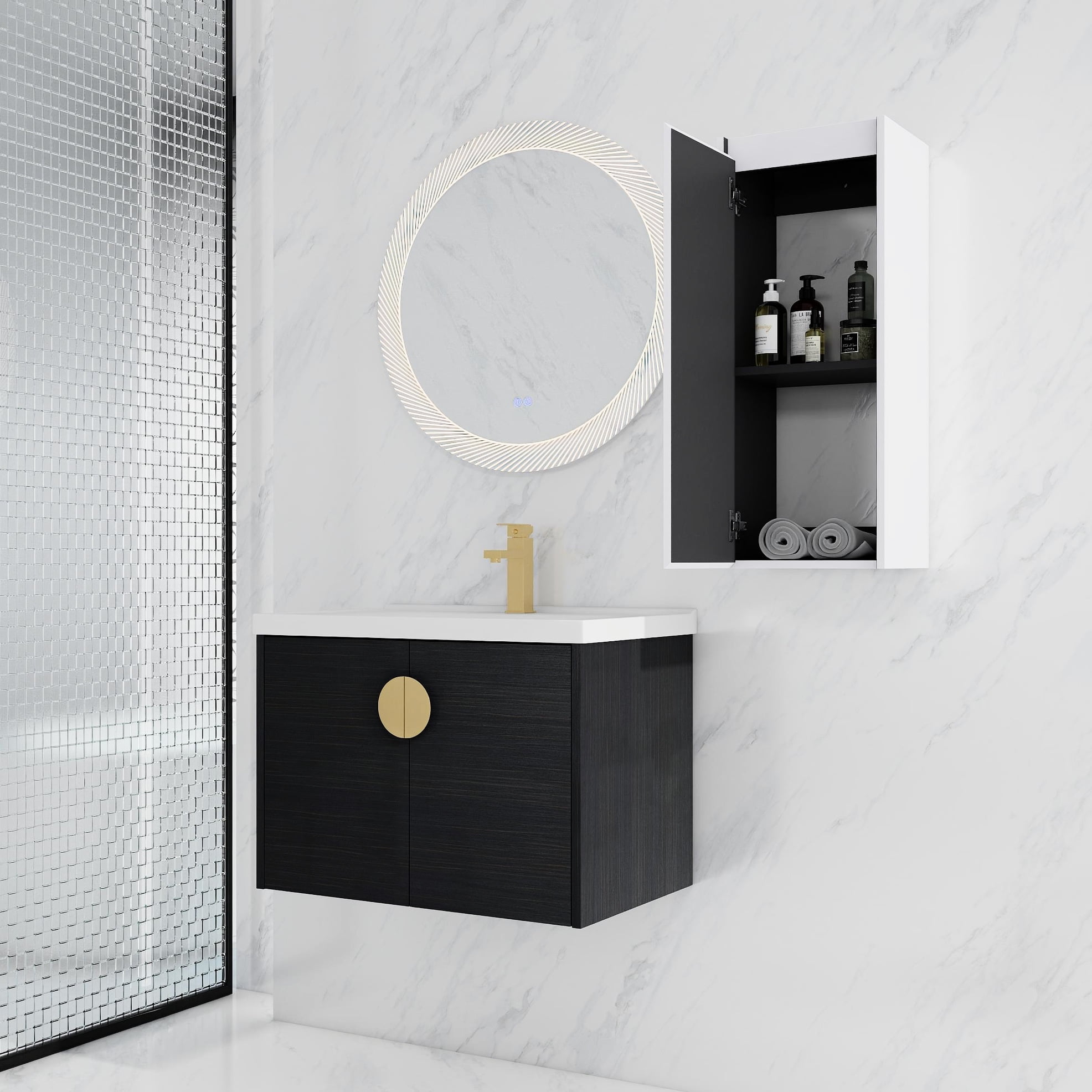 Bathroom Vanity With Ceramic Sink And Side Storage - Black Chestnut, Modern Framework Element ...