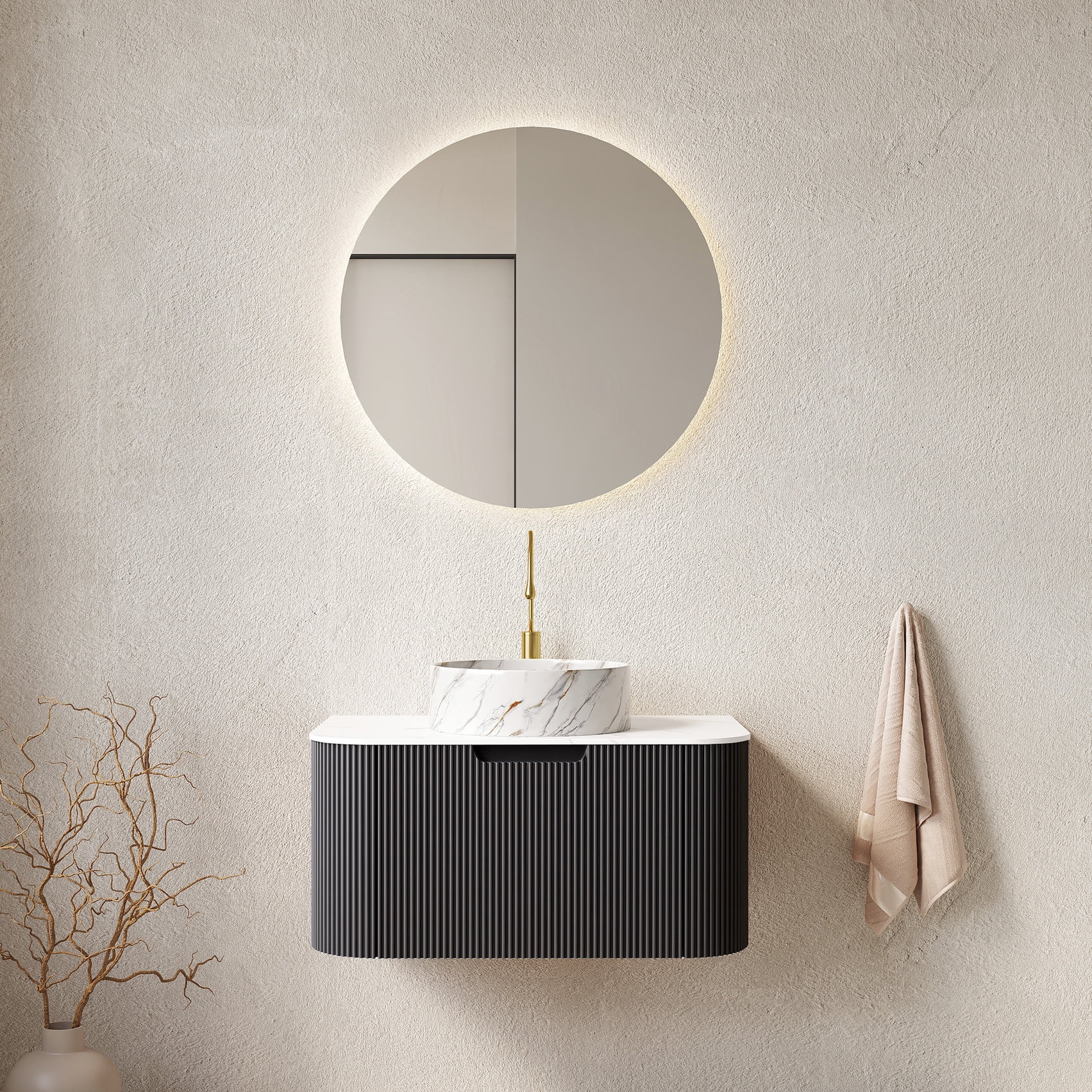 Bathroom Vanity with 3D Striped Plywood Cabinet and White Basin ...