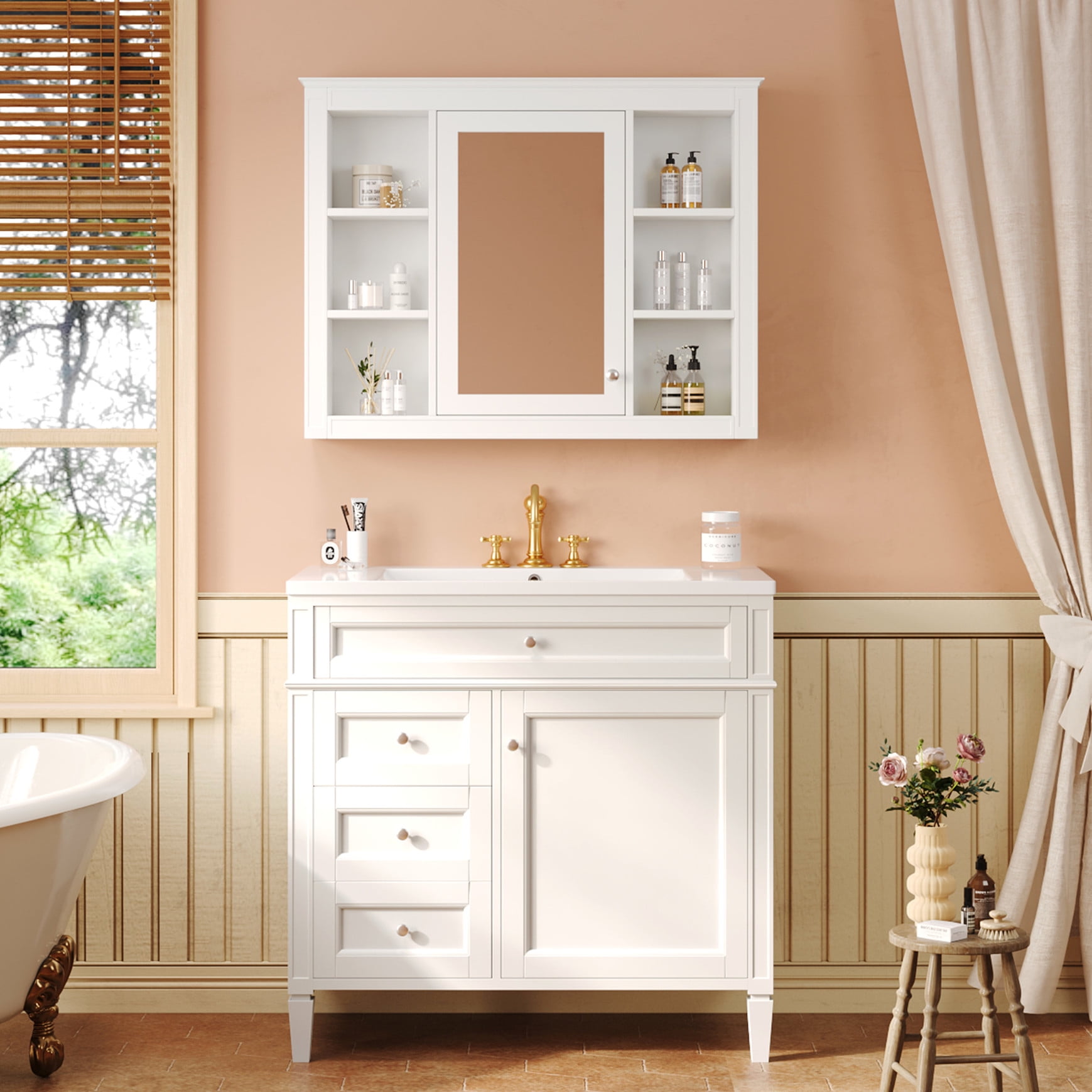 Bathroom Vanity with Drawer and Door Storage / White Color, Easy - to ...