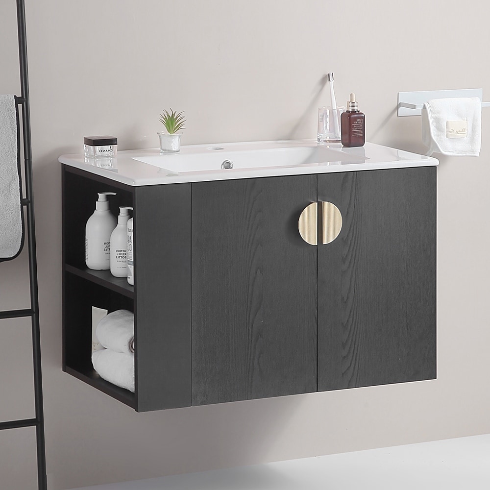 Bathroom Vanity with Sink, 2 Doors & Open Storage Shelf Black-Left Side ...