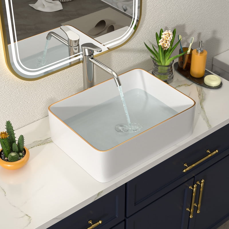 Bathroom Vessel Sinks 16 Inch White Vessel Sink with Gold Rim Modern ...
