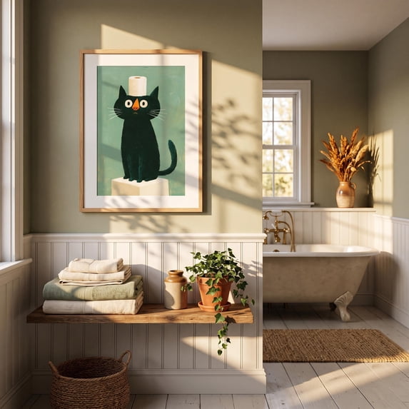Bathroom Wall Art, Black Cat Poster, Toilet Paper Art, Animal Poster ...