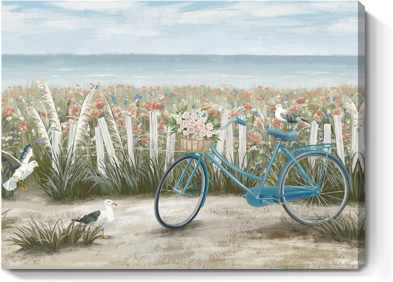 Bathroom Wall Art Farmhouse Boho Ocean Beach Coastal Vintage Floral Canvas Print Seaside Blue ...