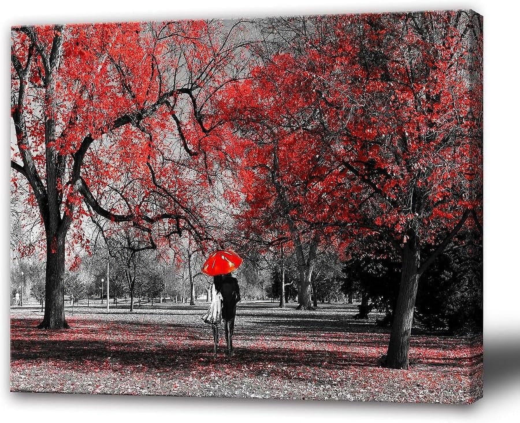 Bathroom Wall Art Gray Red Wall Decor Forest Canvas Painting Tree ...