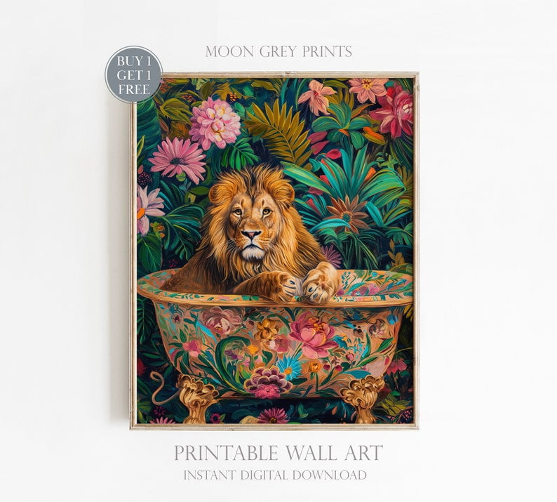 Bathroom Wall Art, Lion In A Bathtub Vivid Maximalist Oil Painting ...