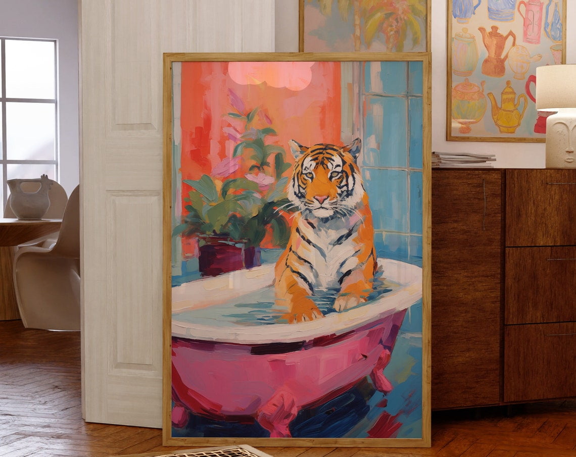 Bathroom Wall Art, Tiger Poster, Maximalist Dopamine Decor, Pink Kitsch ...