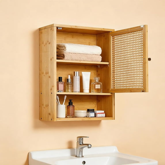 Bathroom Wall Cabinet, Wood Rattan Storage with 3-Tier Shelves and ...