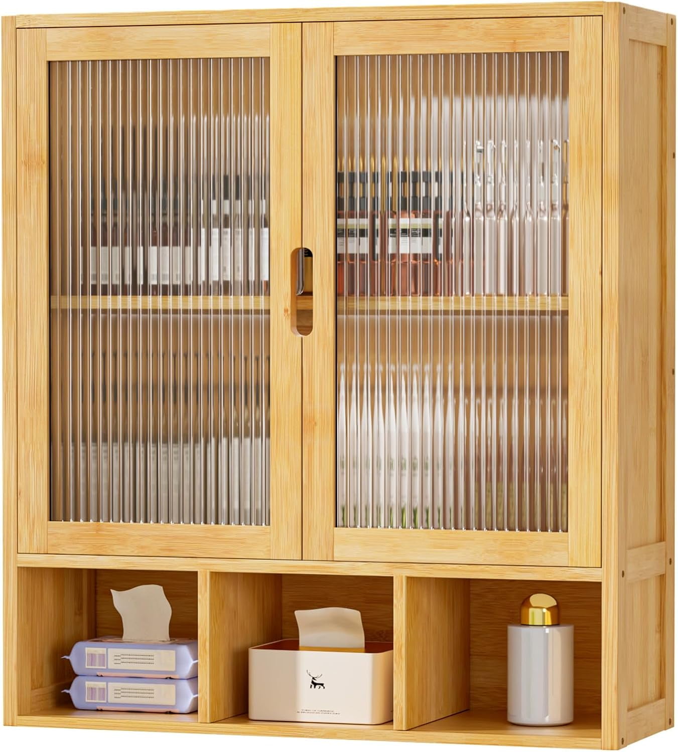 Bathroom Wall Cabinet with 2 Frosted Door,Bamboo Medicine Organizer ...