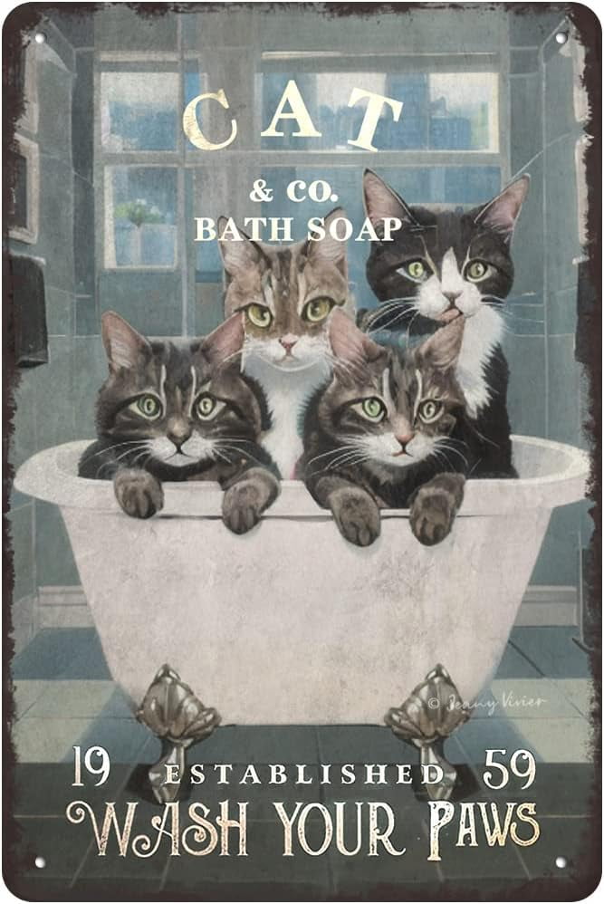 Bathroom Wall Decor - Retro Tin Sign - Funny Cat Bathroom Signs ...