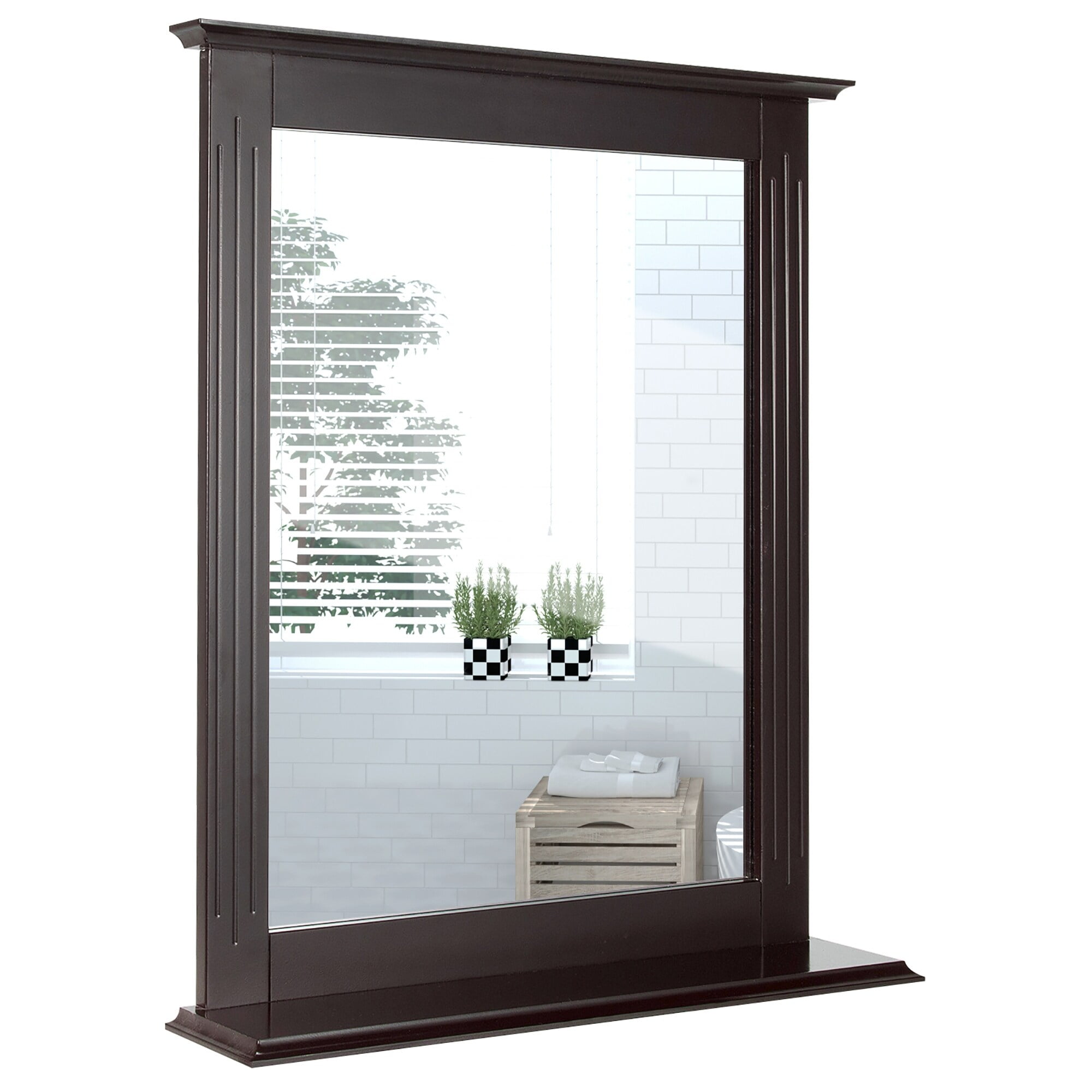 Bathroom Wall Mirror Square Makeup Hanging Mirror with Shelf Brown ...