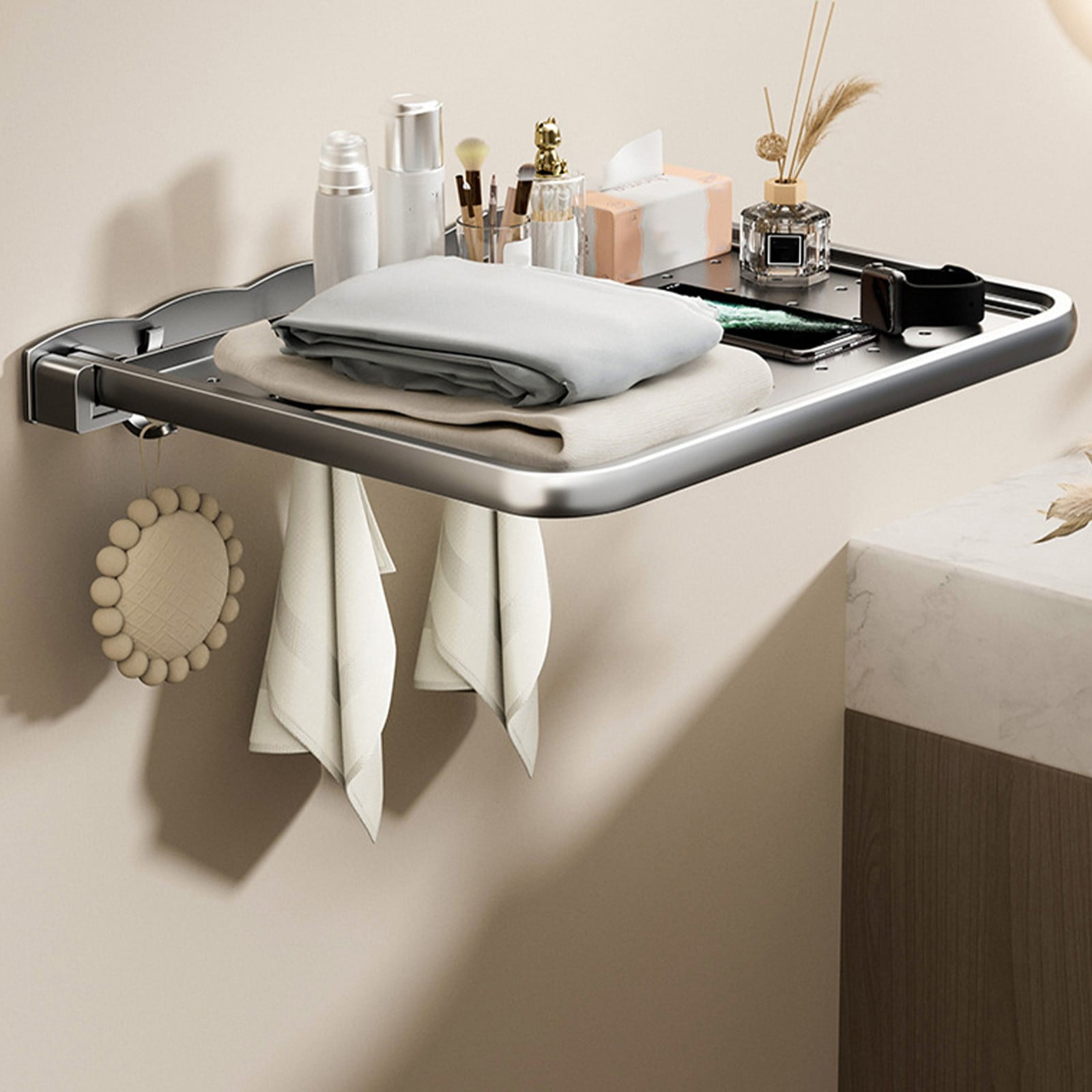 Bathroom Wall Mounted Folding Storage Shelf, Towel Clothes Organizer ...