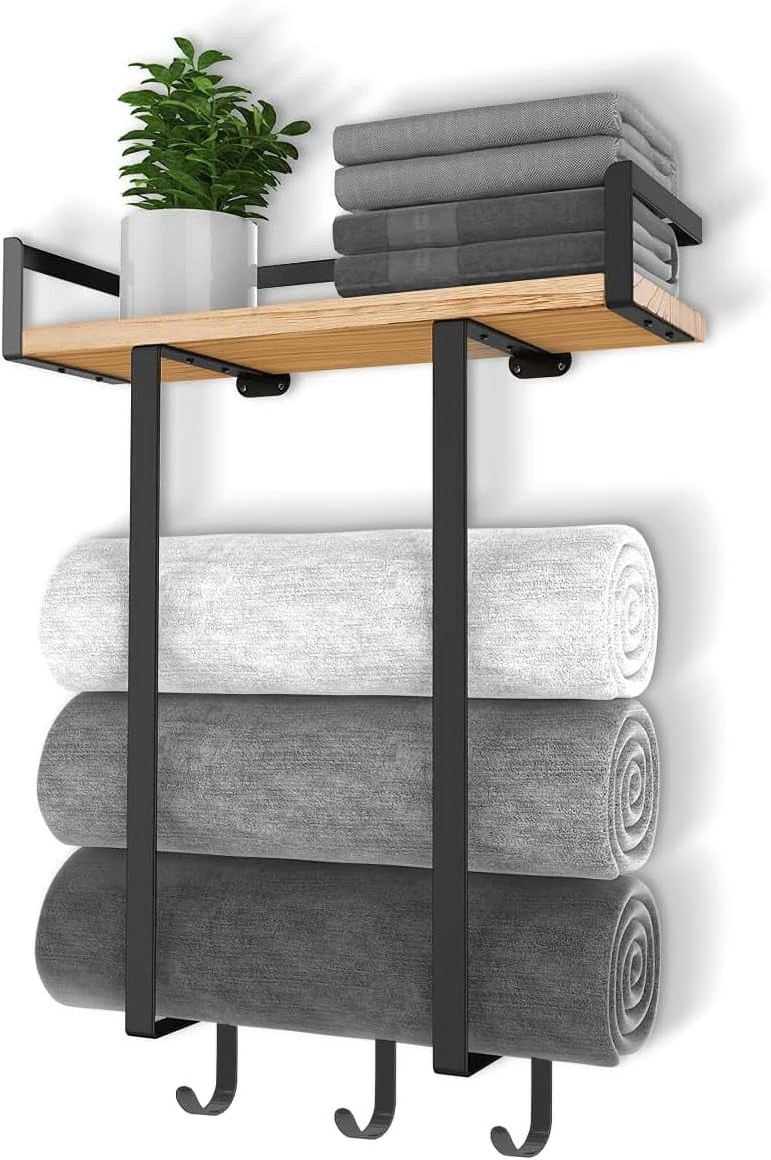 Bathroom Wall Mounted Towel Rack, Bath Towel Rack with Wooden Shelf ...