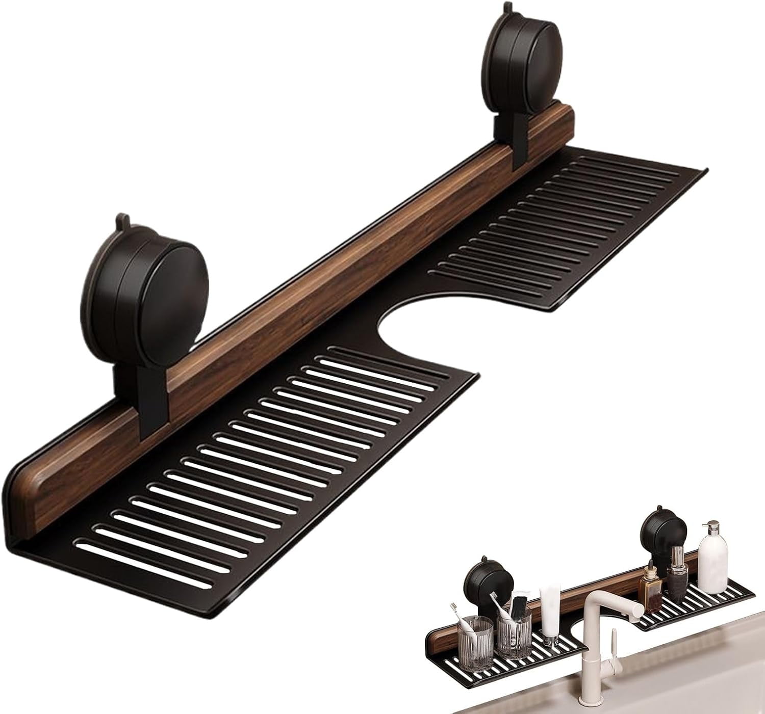 Bathroom Wall Organizer - Walnut Suction Cup Shelf, Space-Saving Storage Rack, Waterproof Holder ...