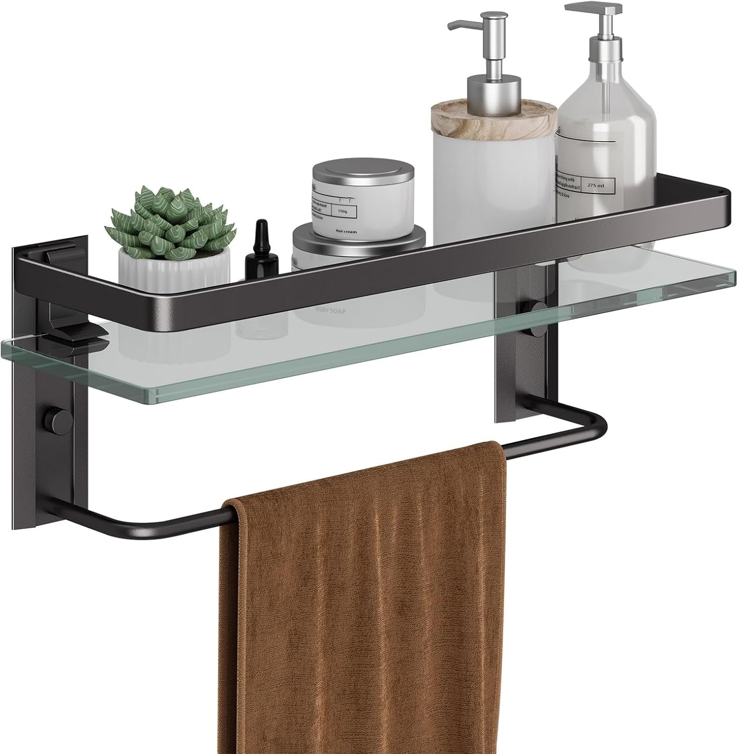 Bathroom Wall Shelf with Towel Bar, Clear Tempered Glass, Hand Towel ...