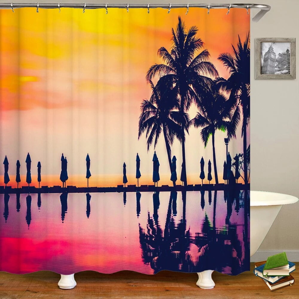 Bathroom Waterproof Shower Curtain Sunset Dusk Beach Scenery Seaside ...