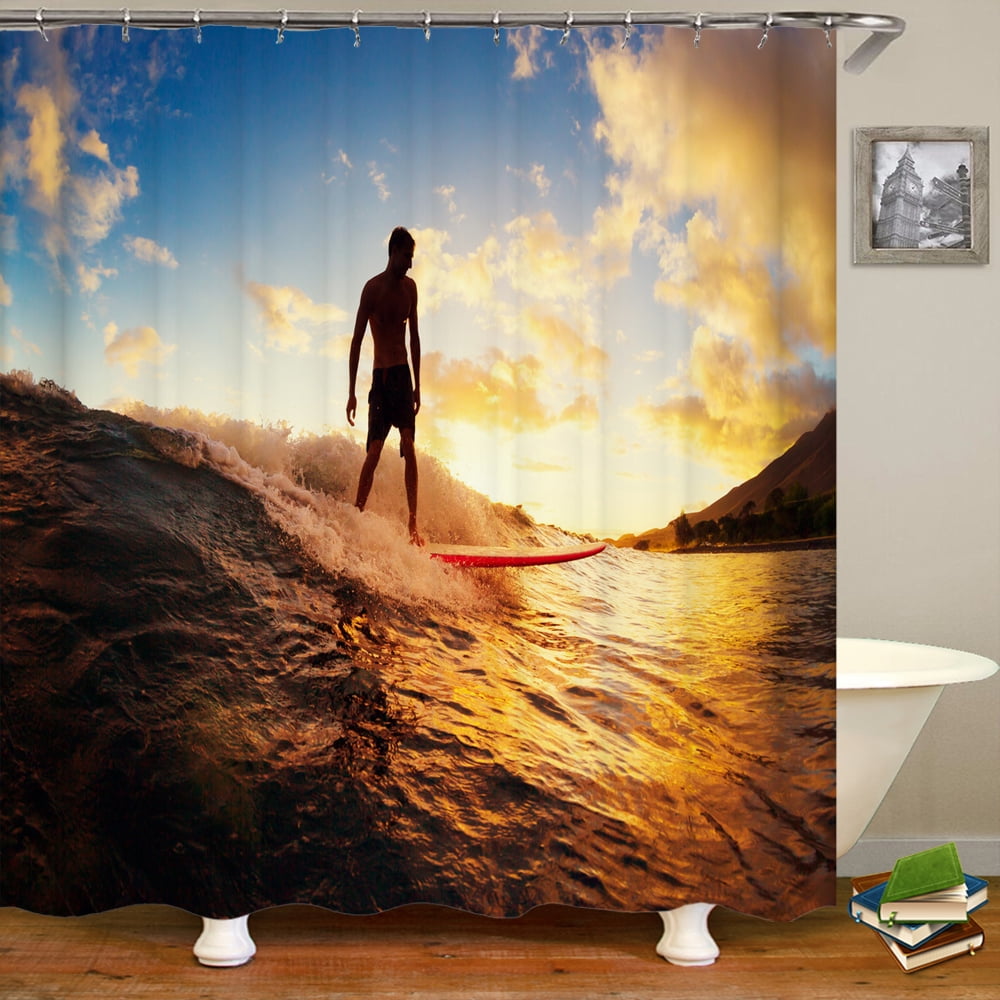 Bathroom Waterproof Shower Curtain Sunset Dusk Beach Scenery Seaside ...