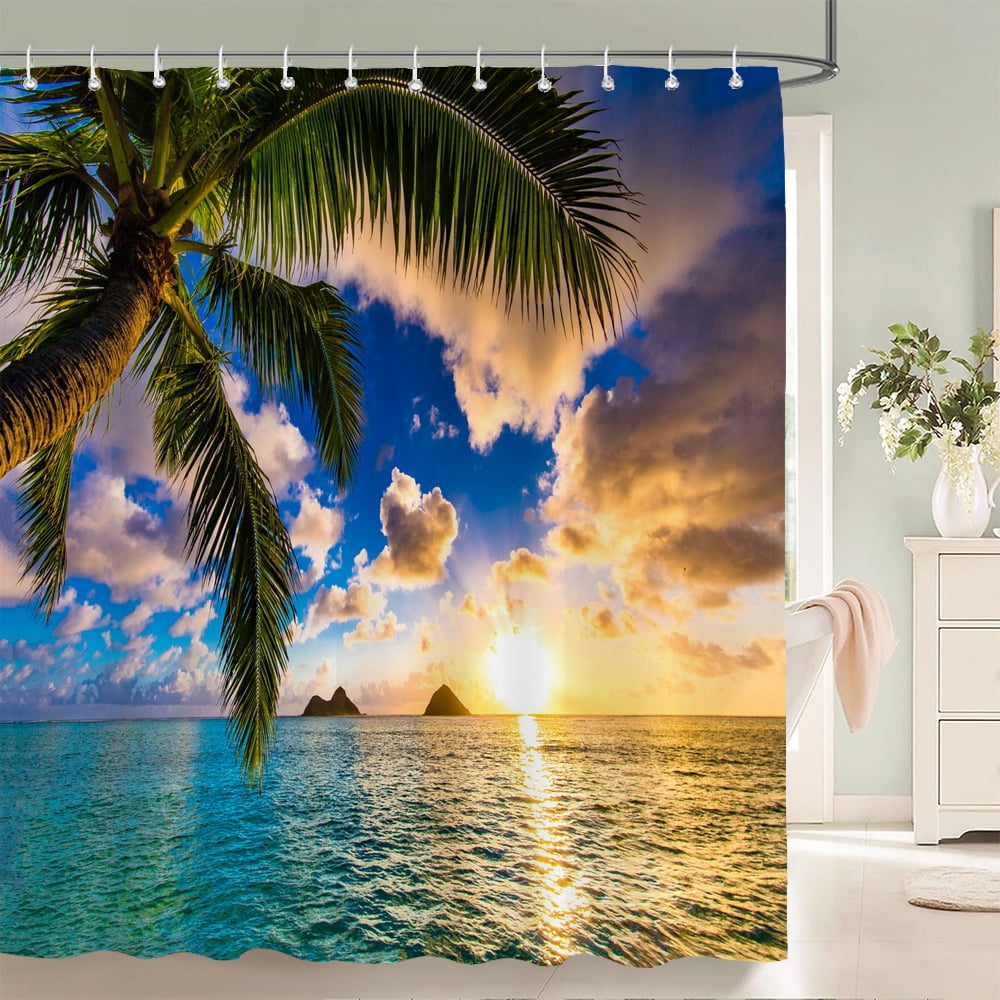 Bathroom Waterproof Shower Curtain Sunset Dusk Beach Scenery Seaside ...