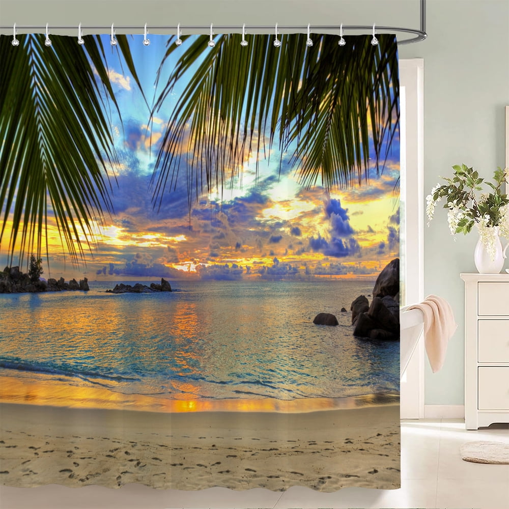 Bathroom Waterproof Shower Curtain Sunset Dusk Beach Scenery Seaside ...