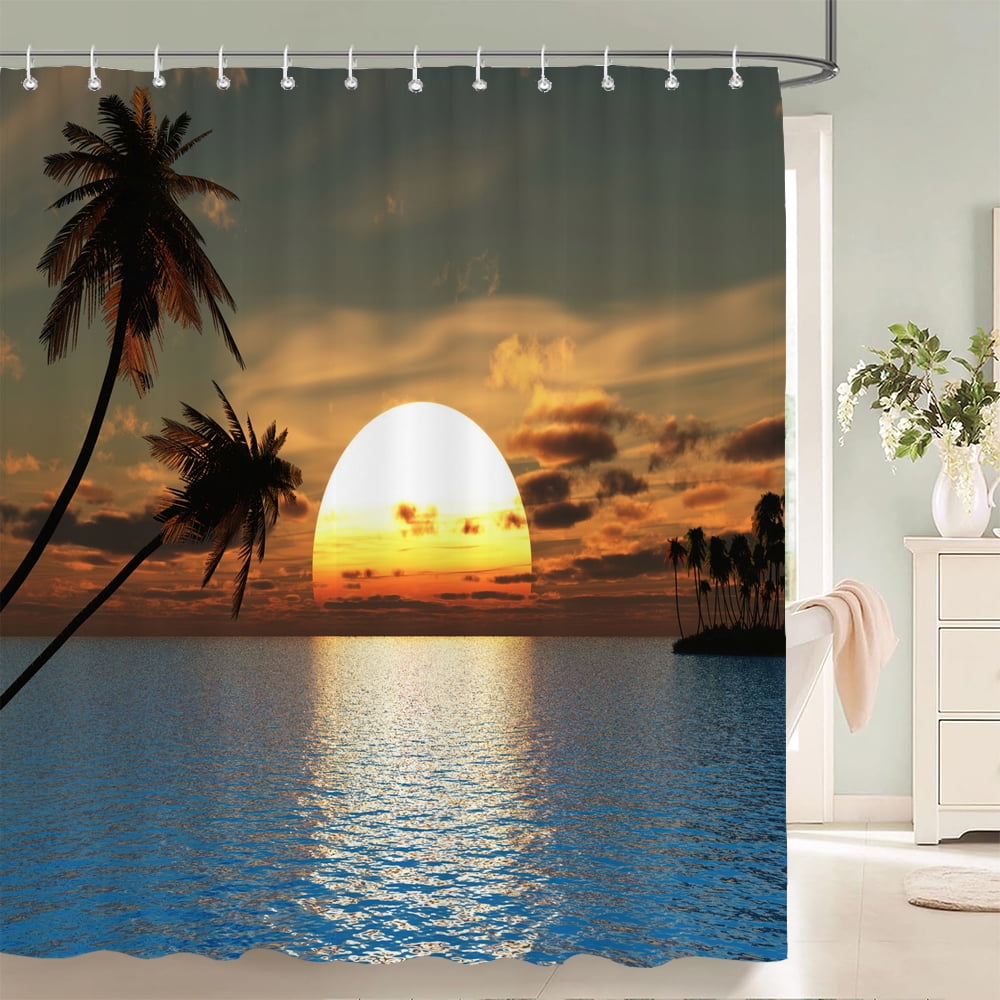 Bathroom Waterproof Shower Curtain Sunset Dusk Beach Scenery Seaside ...