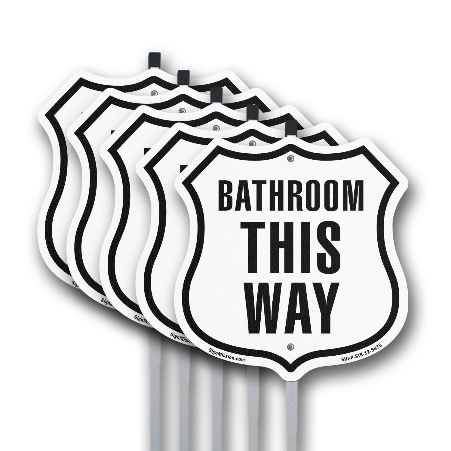 Bathroom This Way (5 Pack) 12 inch X 12 inch Shield Shaped Commercial ...