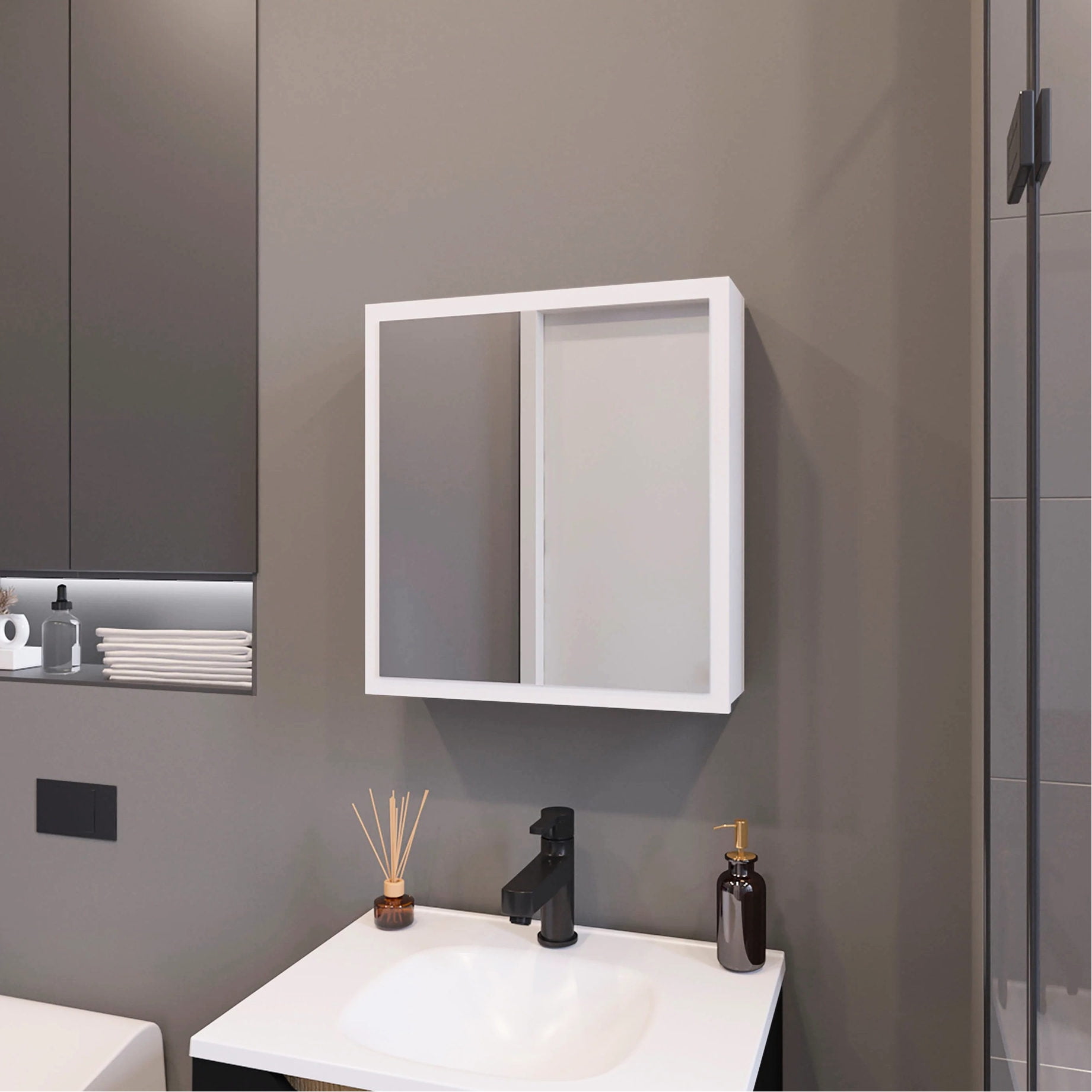 Bathroom White Medicine Cabinet - Wall-Mounted, 1 Door, Mirror, 4 ...