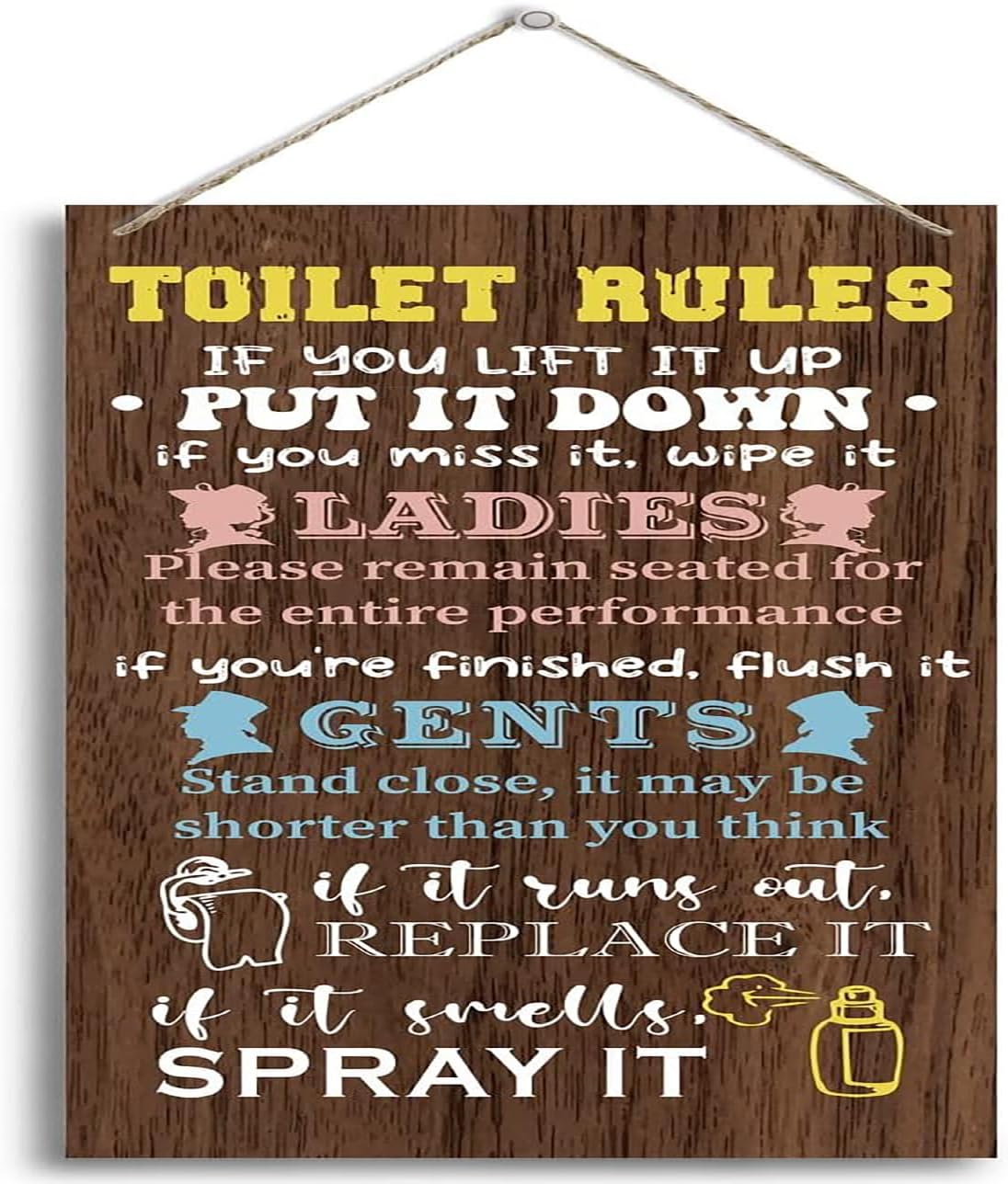 Bathroom Wood Decor Sign, Toilet Rules Hanging Printed Wooden Plaque ...
