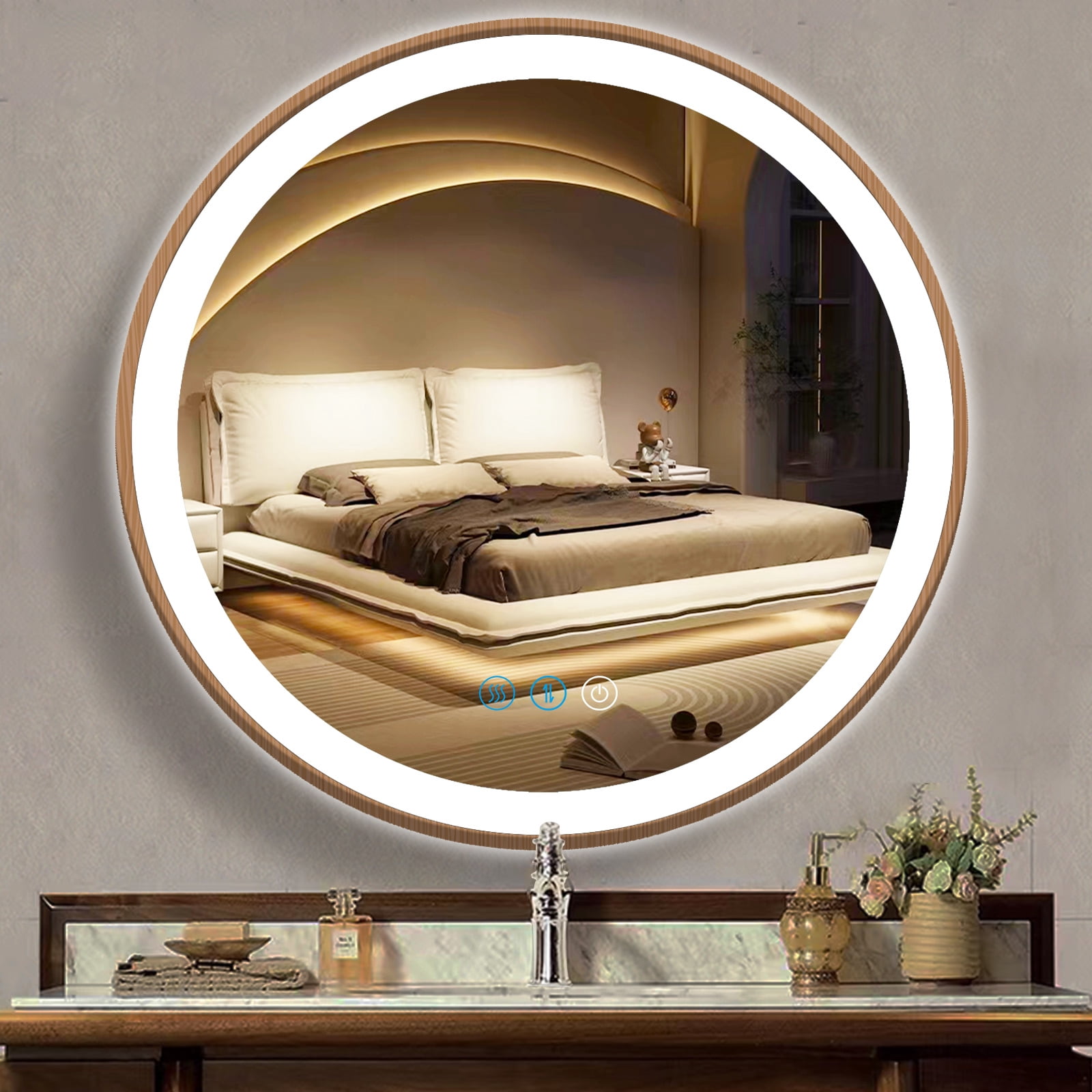 Bathroom Wood LED Circular 24" Mirror with Lights Wood Frame Round ...