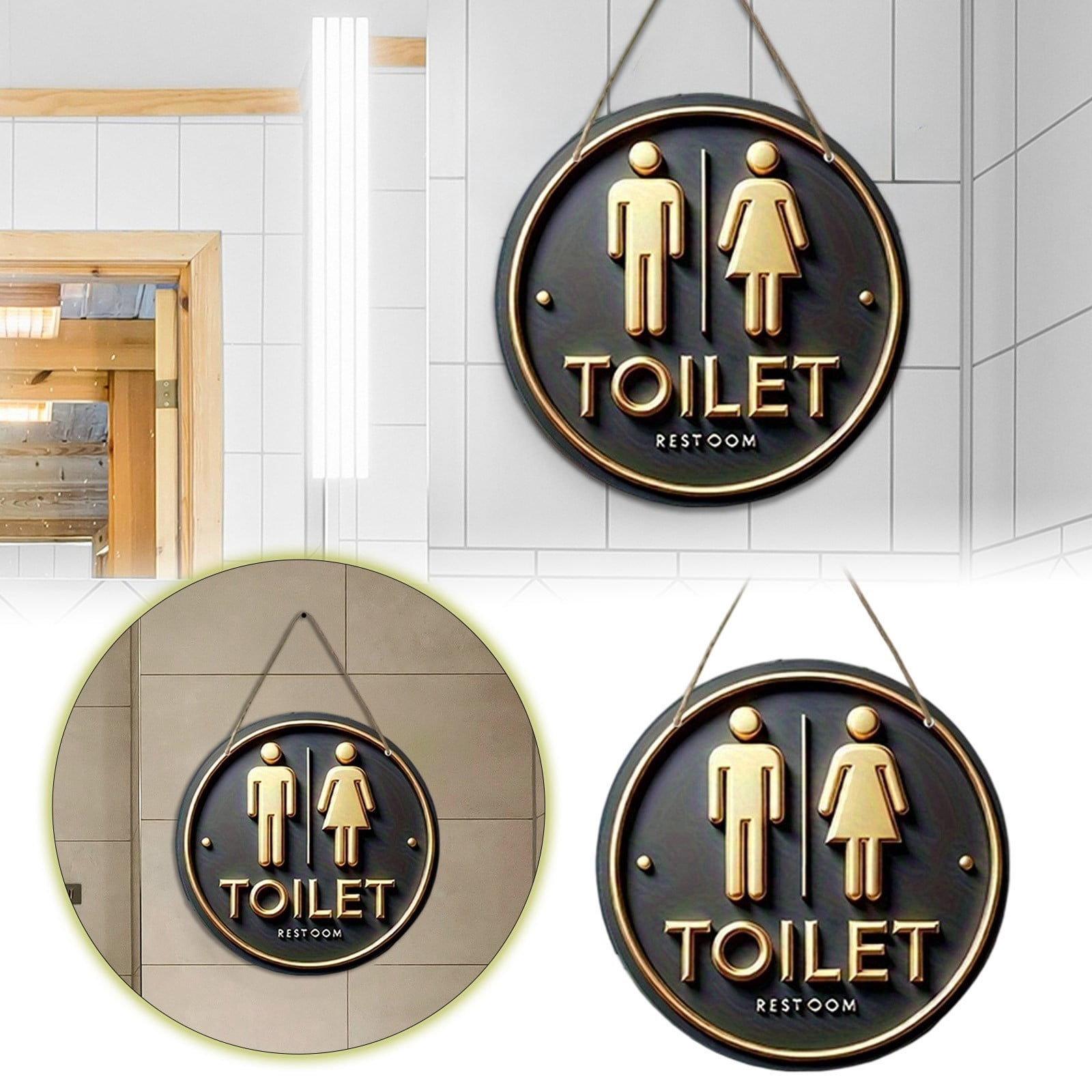 Bathroom Wooden Sign Hanging Door Restroom Indicator Plaque For Public ...