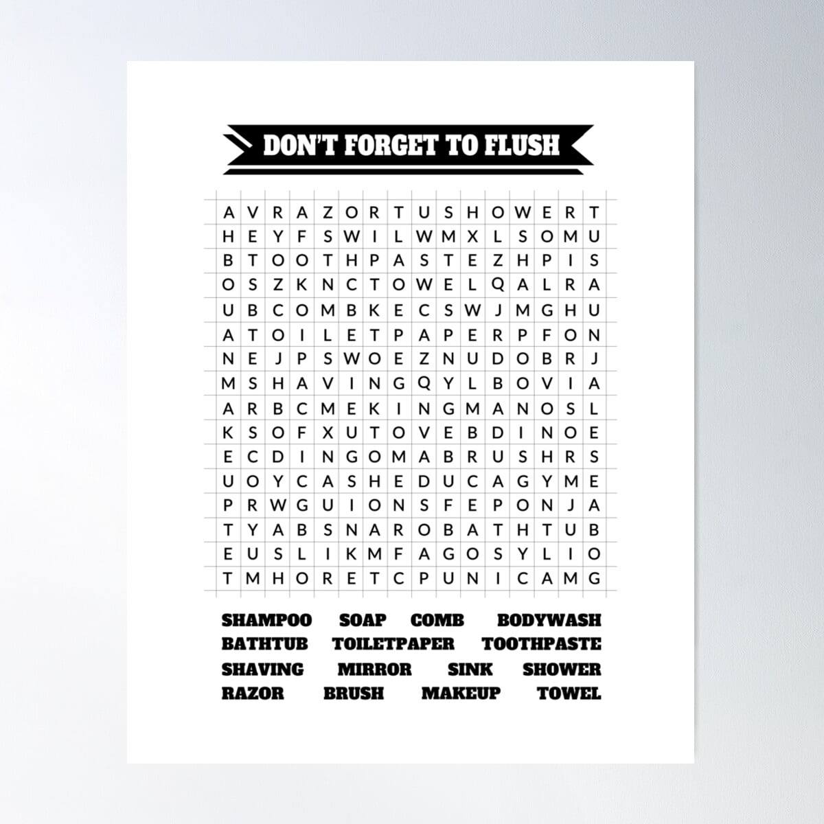 Bathroom Word Search Sign Don'T Forget To Flush Poster Wall Art, Modern ...