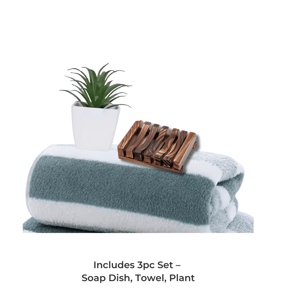 Bathroom Zen Decor Bundle – 3pc Spa Set with Green Striped Towel ...