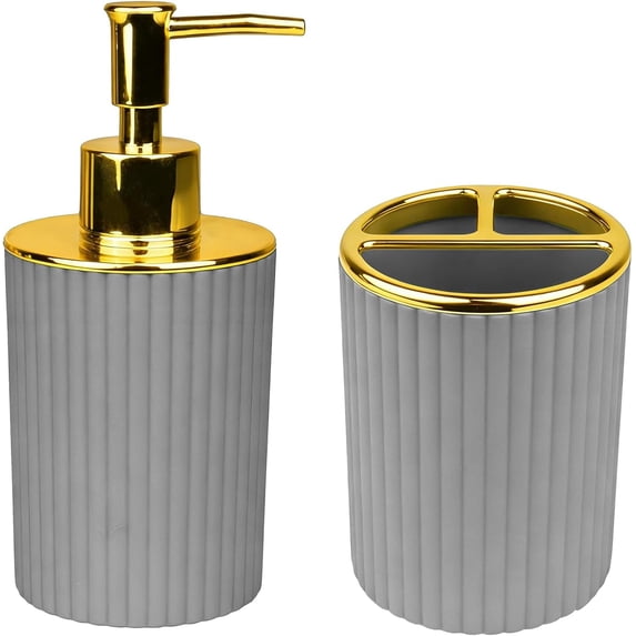 Bathroom accessories set, 2-piece gray and gold soap dispenser and ...